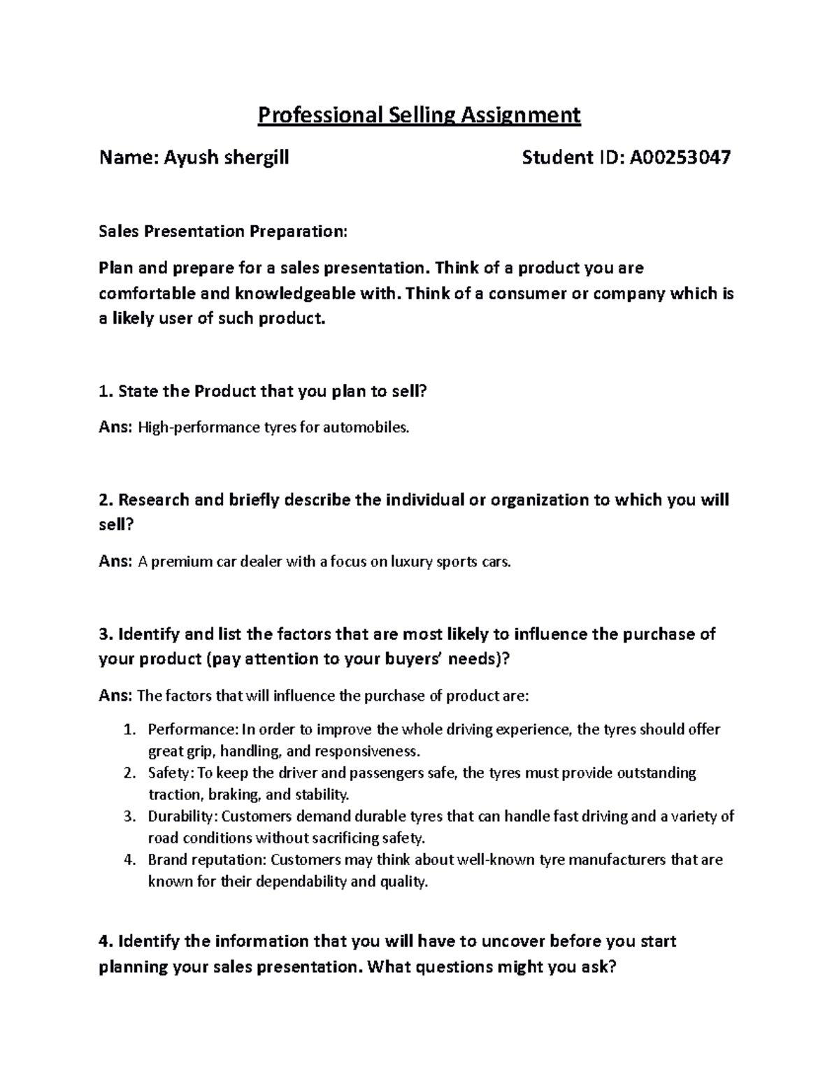 Professional Selling Assignment - EASL12345 - Sheridan College - Studocu