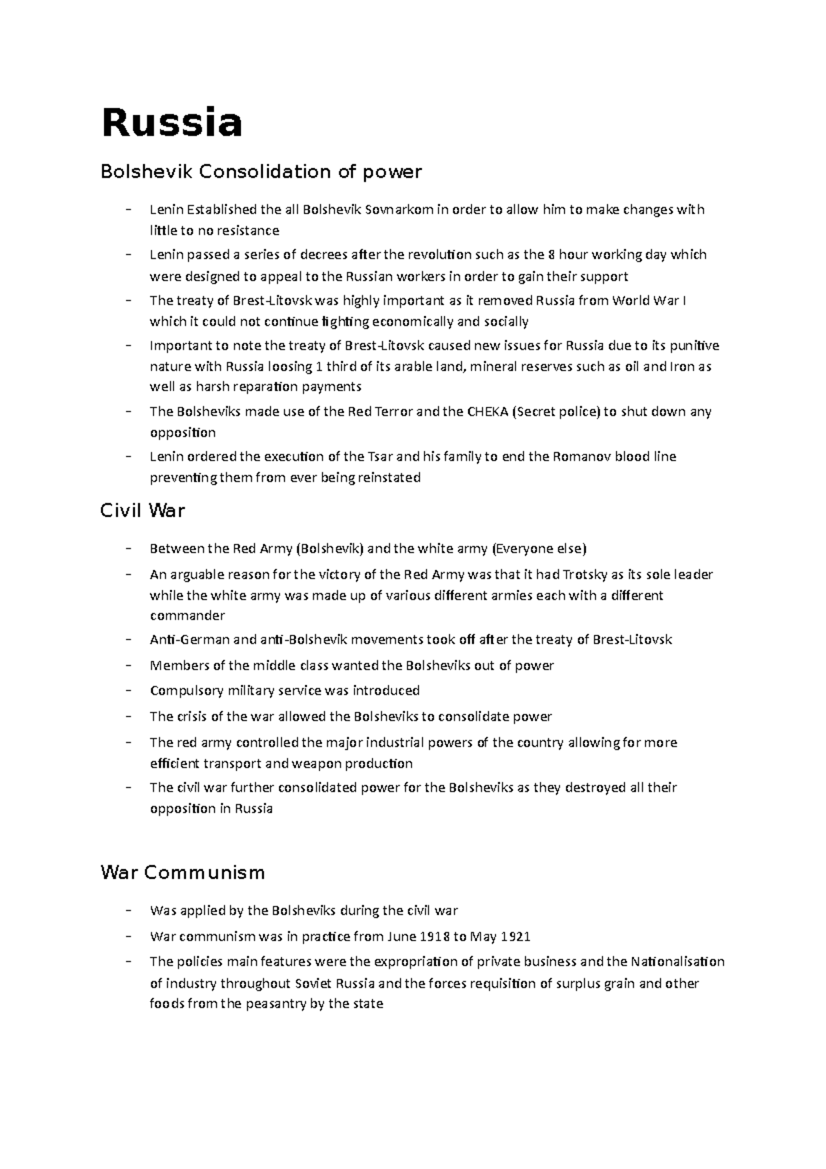 Russia notes - Russia Bolshevik Consolidation of power Lenin ...