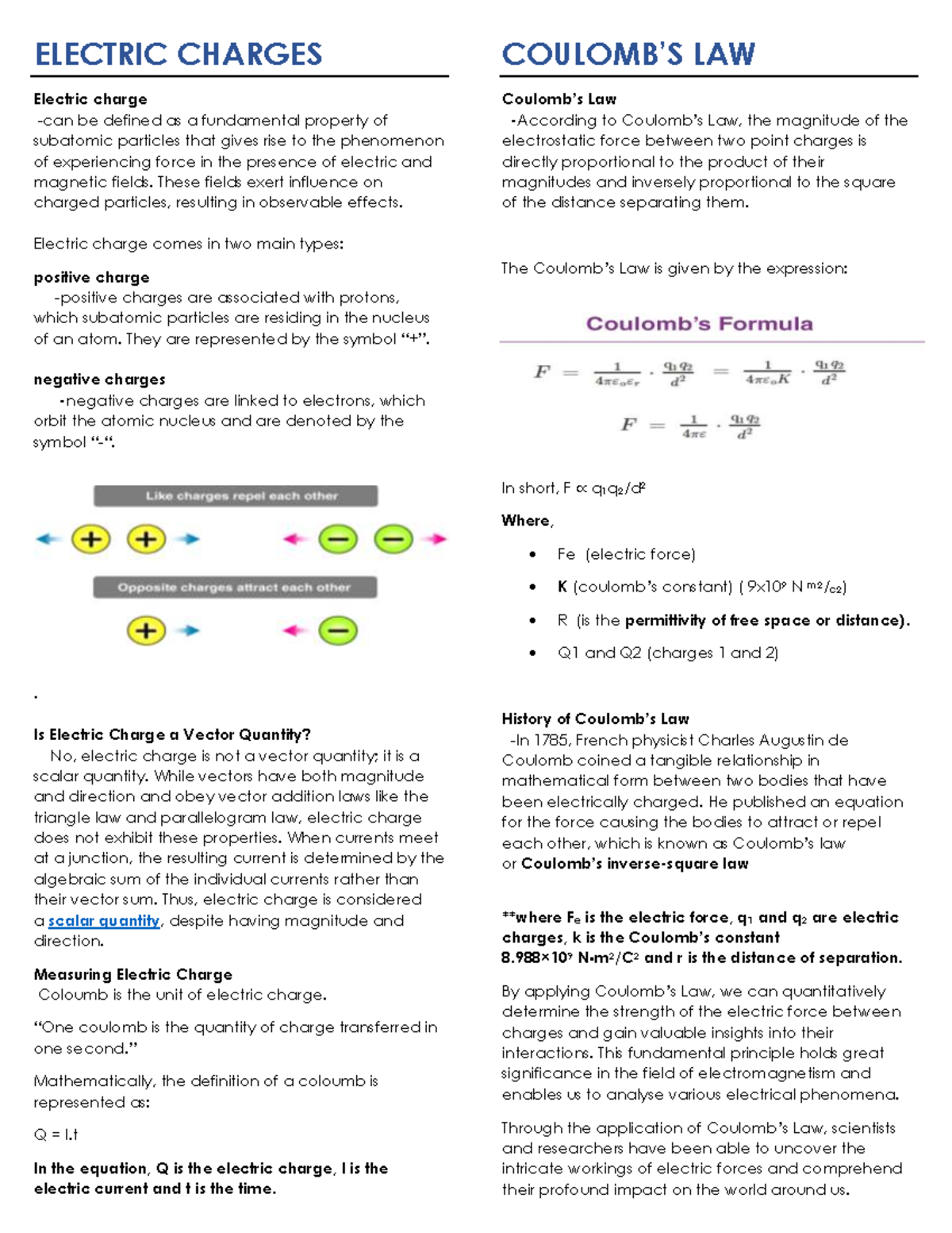 GEN Physics 2 - NOTES - ELECTRIC CHARGES Electric charge - can be ...