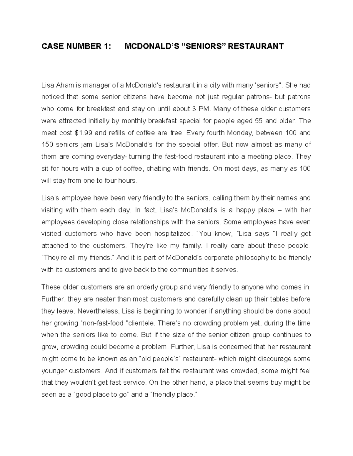 Case Number 1 - Business Ethics and Law - CASE NUMBER 1: MCDONALD’S ...