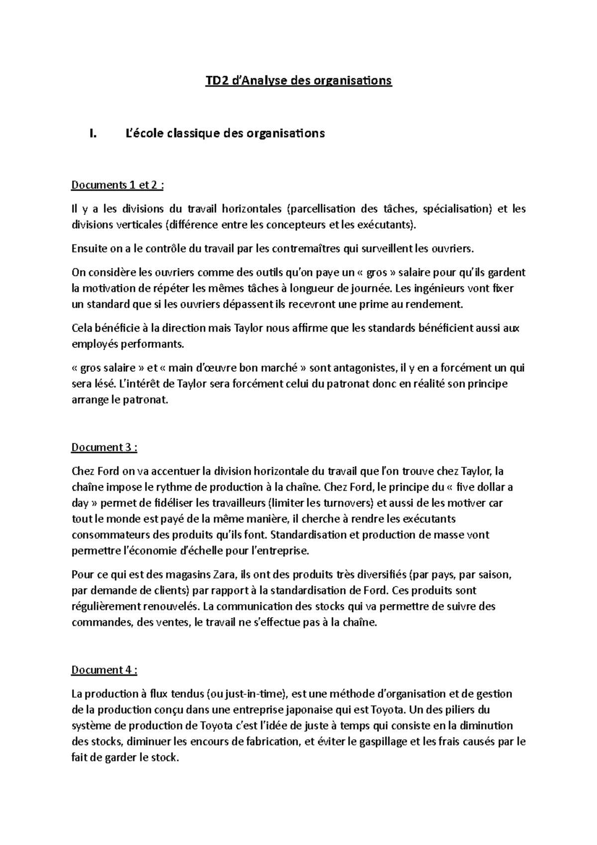 TD2 Analyse des organisations - L’école classique des organisations Documents 1 et 2 : Il y a ...