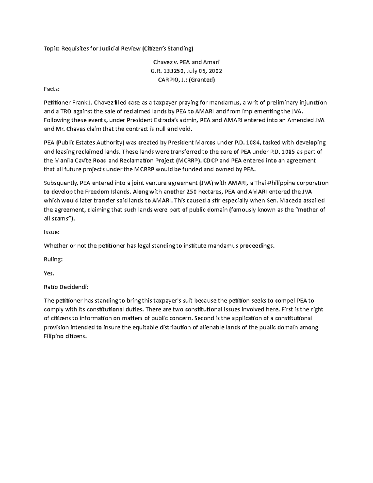 Chavez v. PEA and Amari, G.R. 133250, July 09, 2002 - Topic: Requisites ...