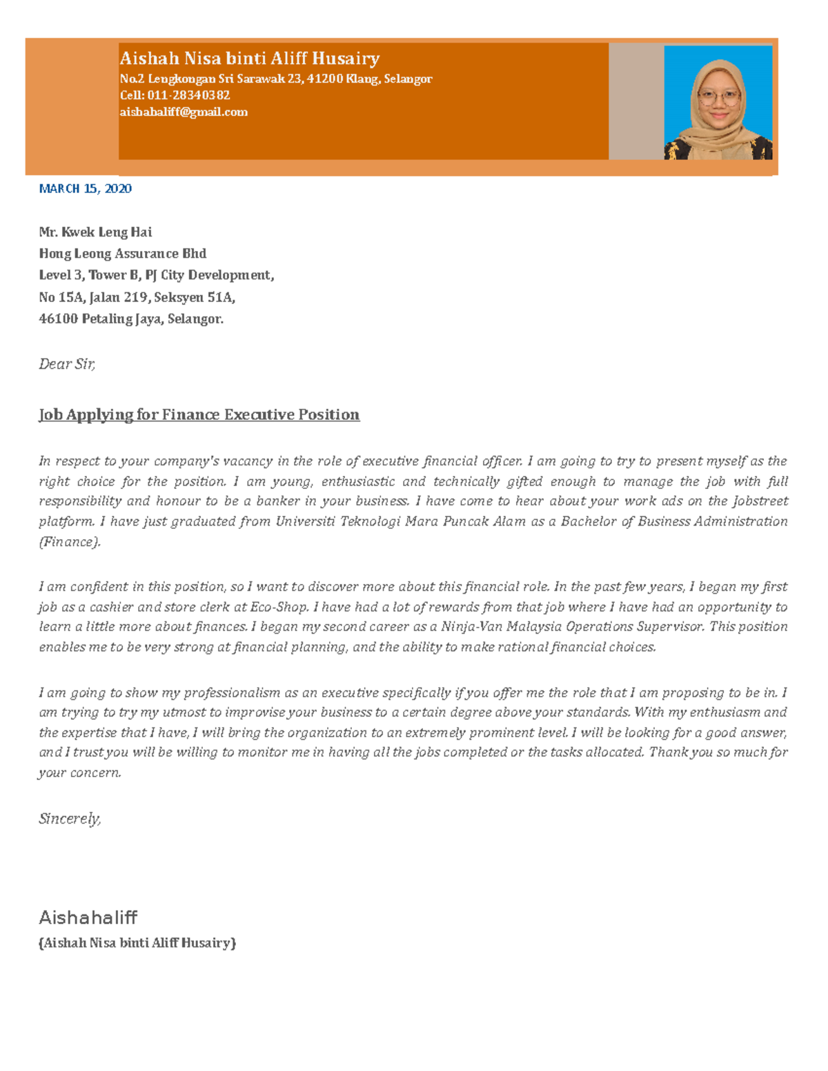 Cover Letter - report - MARCH 15, 2020 Mr. Kwek Leng Hai Hong Leong ...