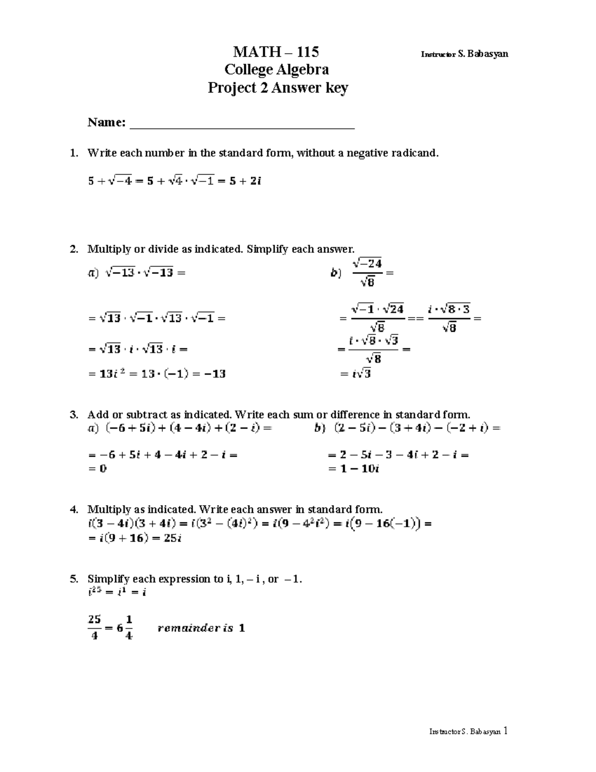 MATH115 (Project 2) Answer key - MATH – 115 Instructor S. Babasyan ...