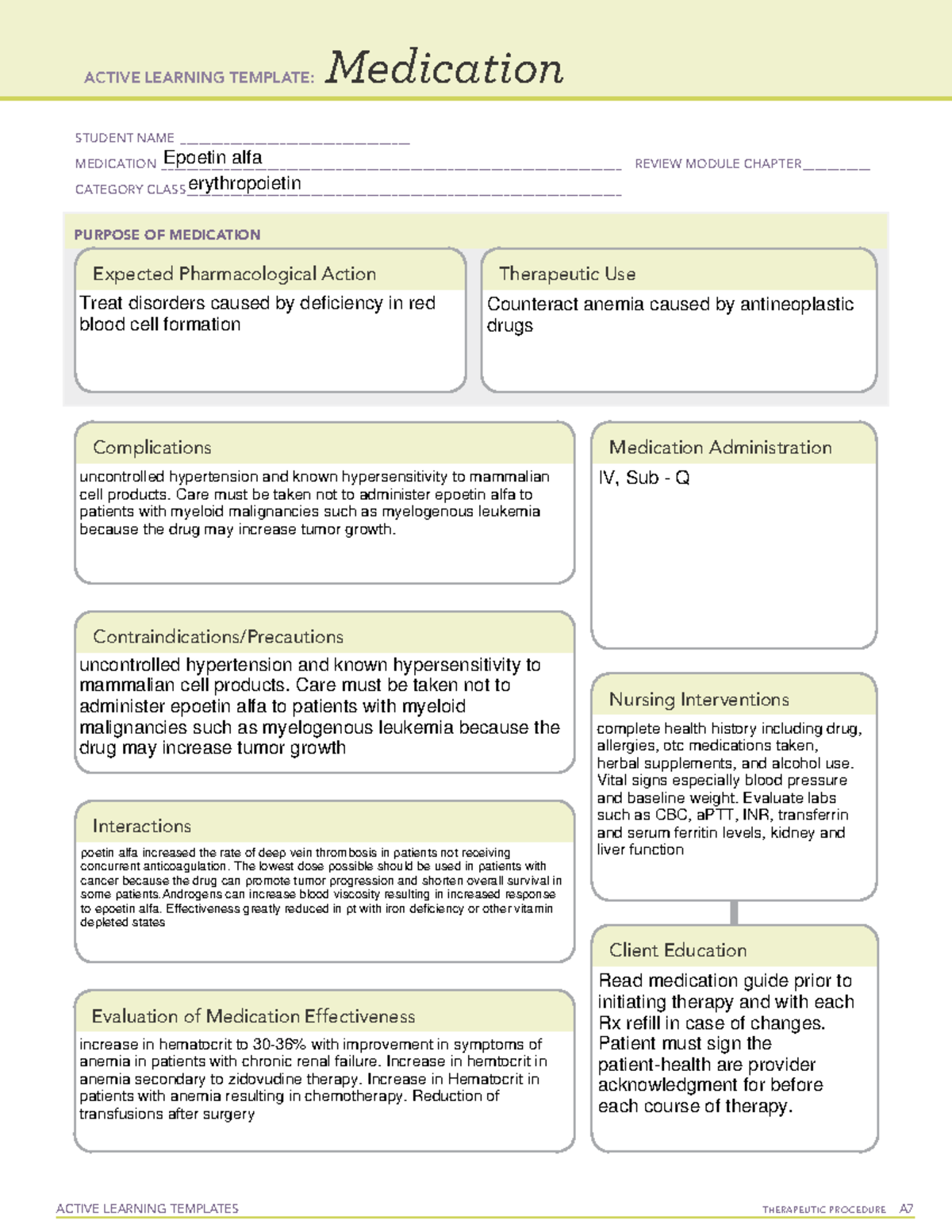 ATI Drug Med Card for Chemotherapy in Pharmacology for Homework ...