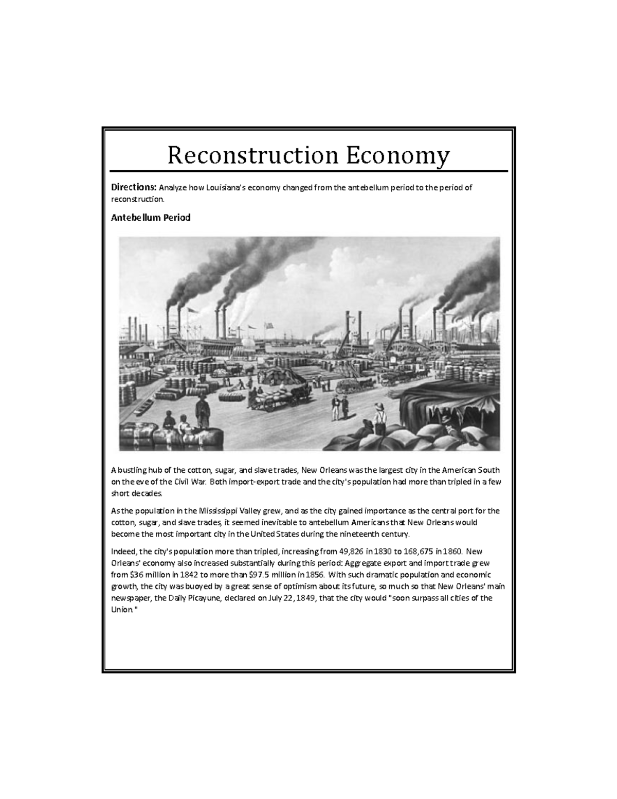 Reconstruction Economy DBQ - Reconstruction Economy Directions: Analyze ...