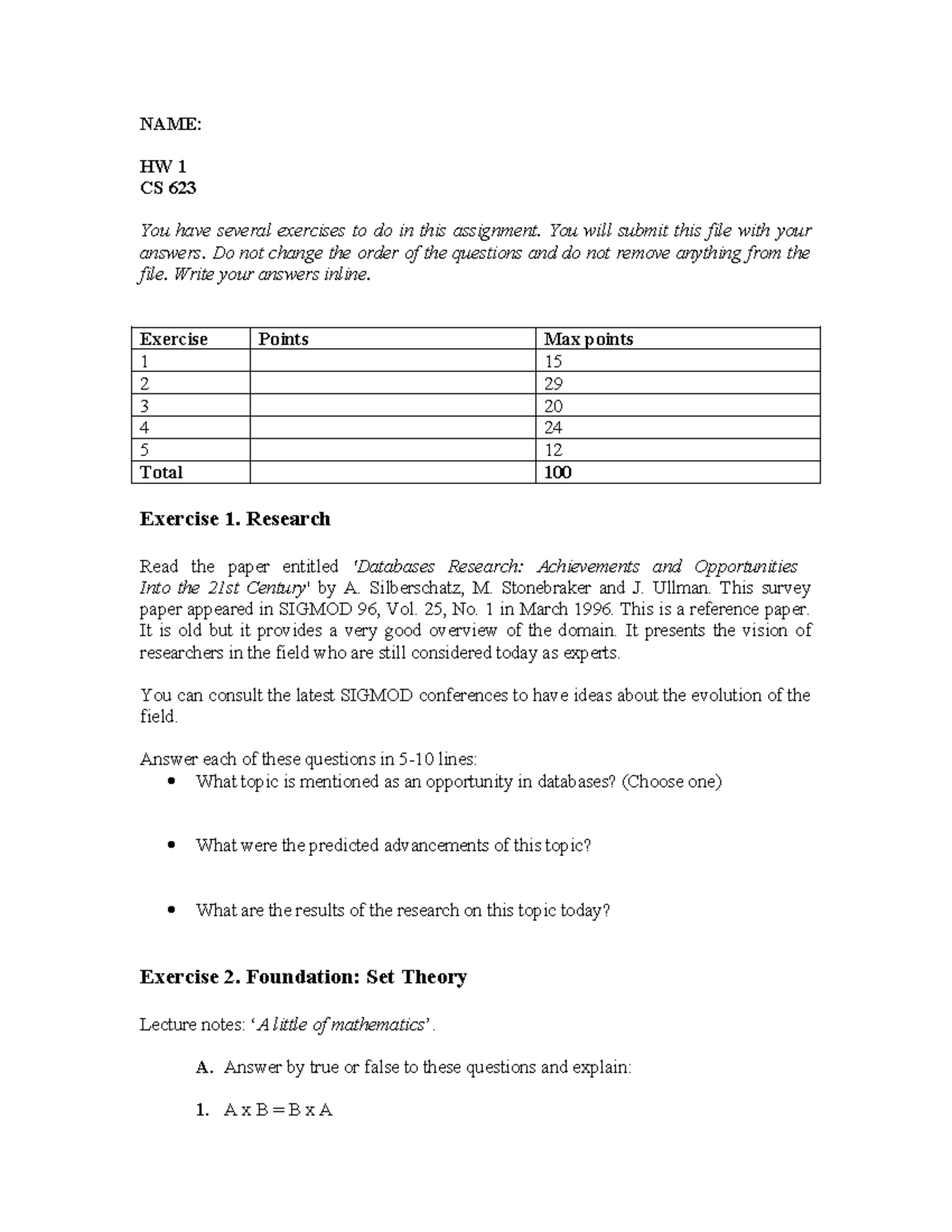 CS623HW1 - Please give the materials relevant to the topics of DBMS or answers for the - NAME ...