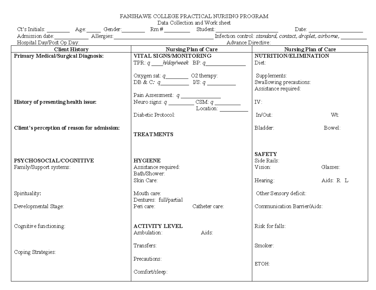 Data+Collection+Tool Blank - FANSHAWE COLLEGE PRACTICAL NURSING PROGRAM ...