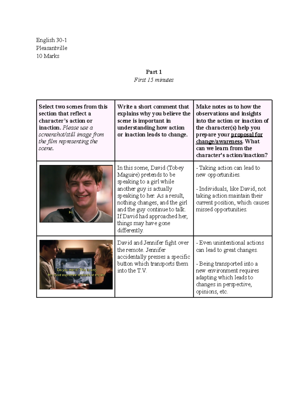 Part 1 - English 30-1 Pleasantville Part 1 First 15 minutes Select two ...