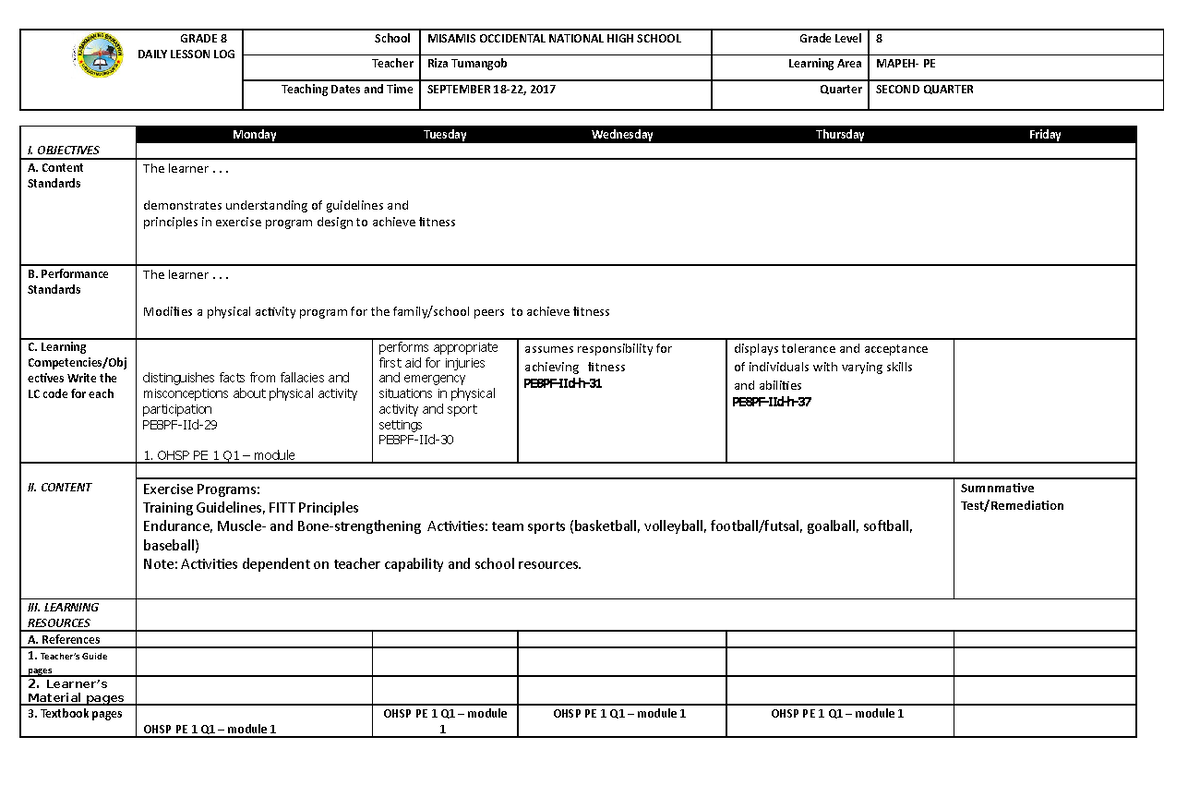 DLL Grade 8 peq2 - none - GRADE 8 DAILY LESSON LOG School MISAMIS ...