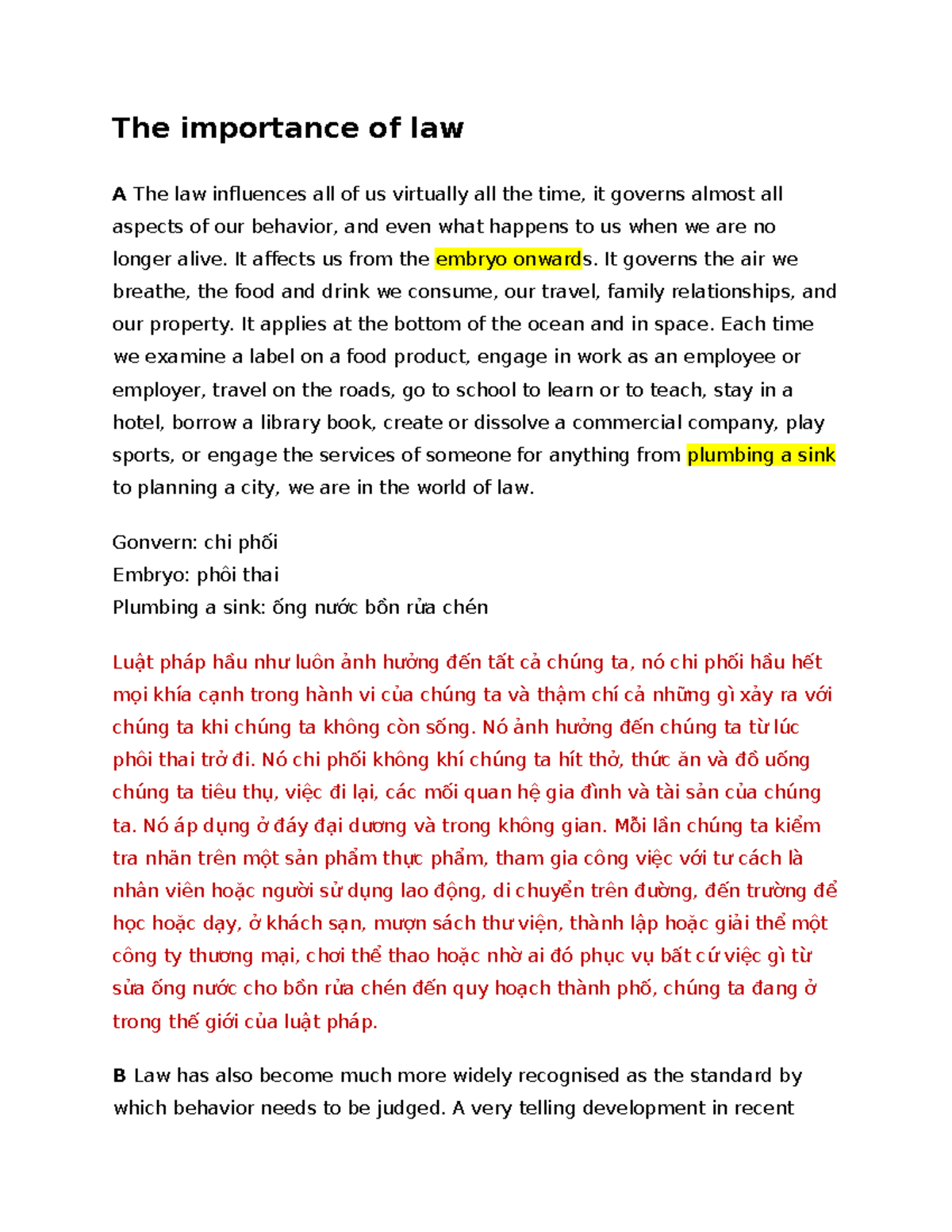 The importance of law - Reading answer and explaination - The ...