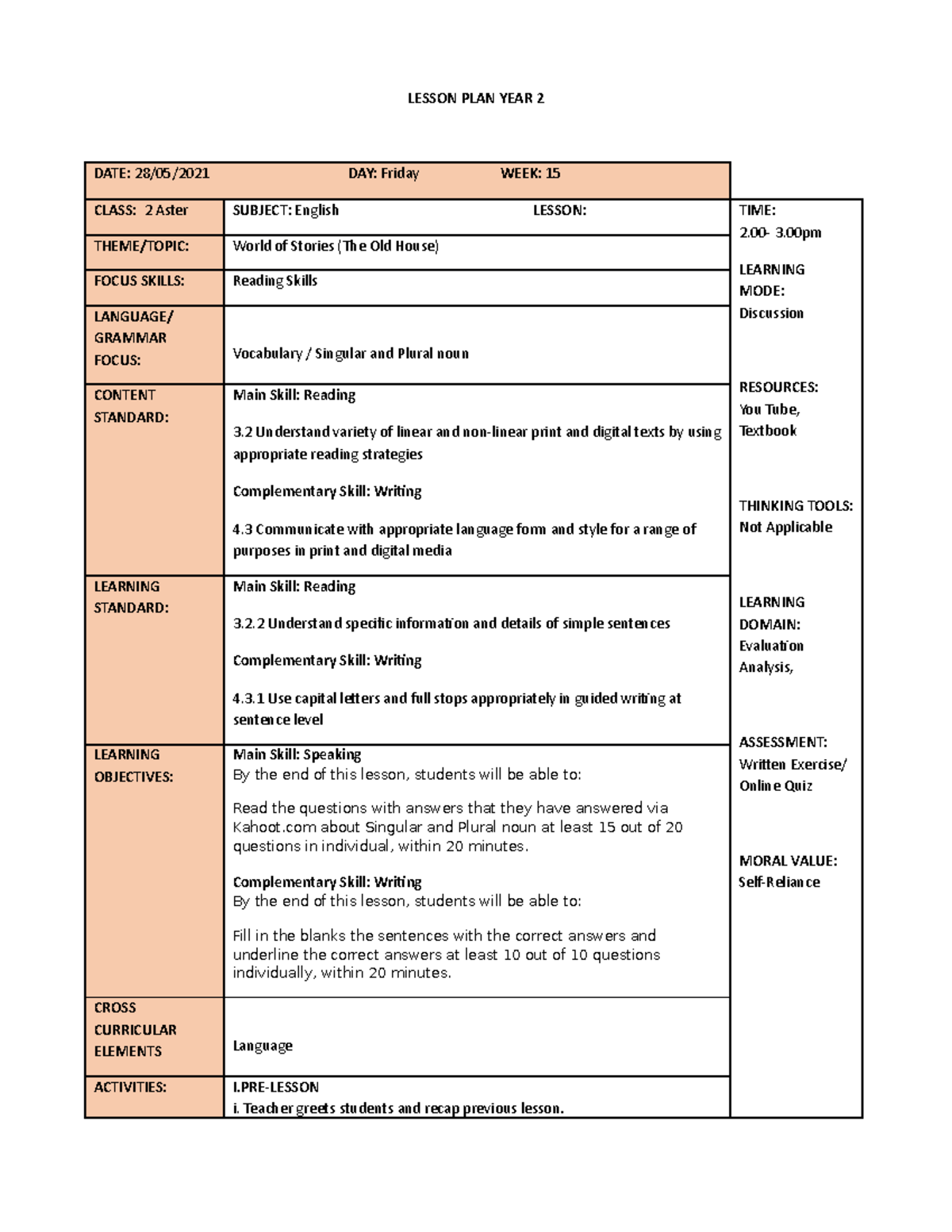 Lesson PLAN-latest - LESSON PLAN YEAR 2 DATE: 28/05/2021 DAY: Friday ...