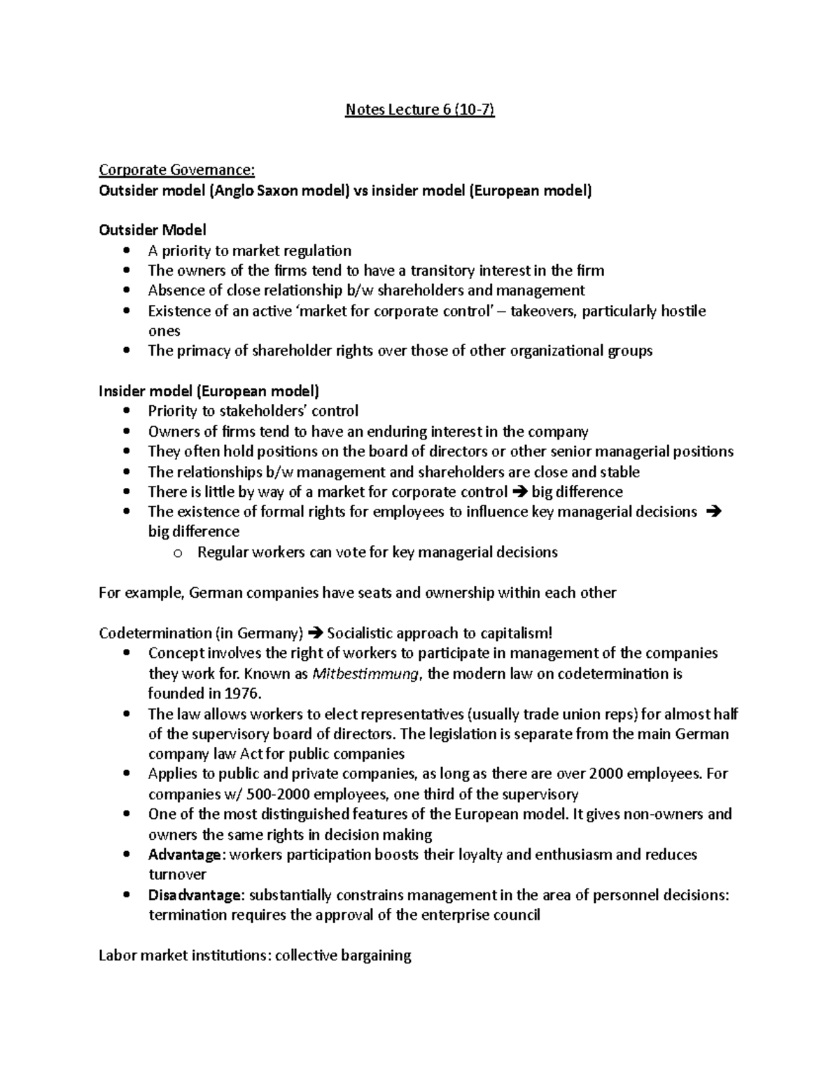 Notes Lecture 6 (10-7) - Notes Lecture 6 (10-7) Corporate Governance ...