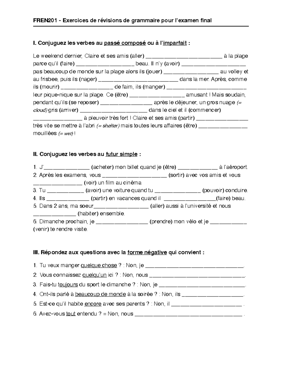 FREN201 - Révisions grammaire examen final - FREN201 - Exercices de ...