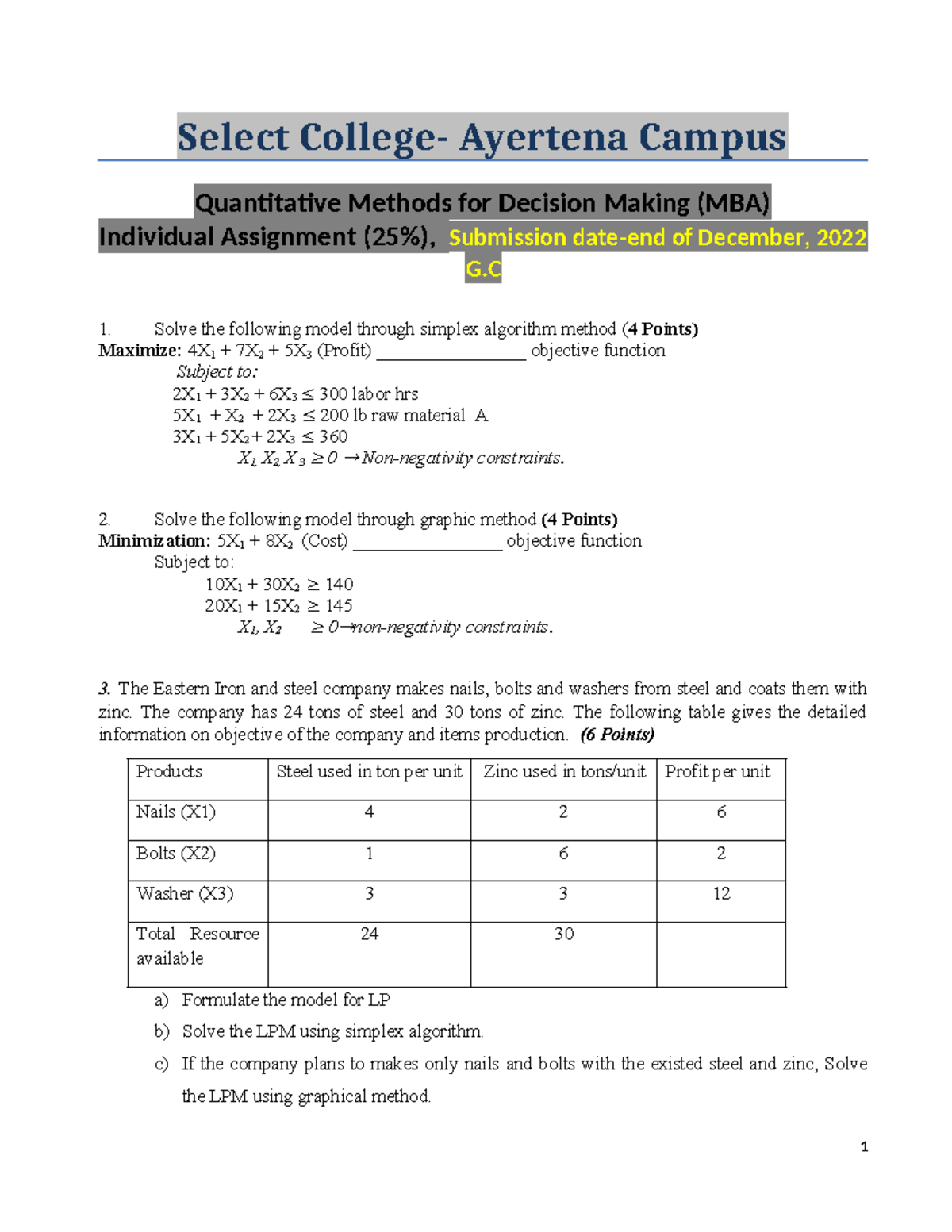 Select Quant individual assignment - Select College- Ayertena Campus Quantitative Methods for ...