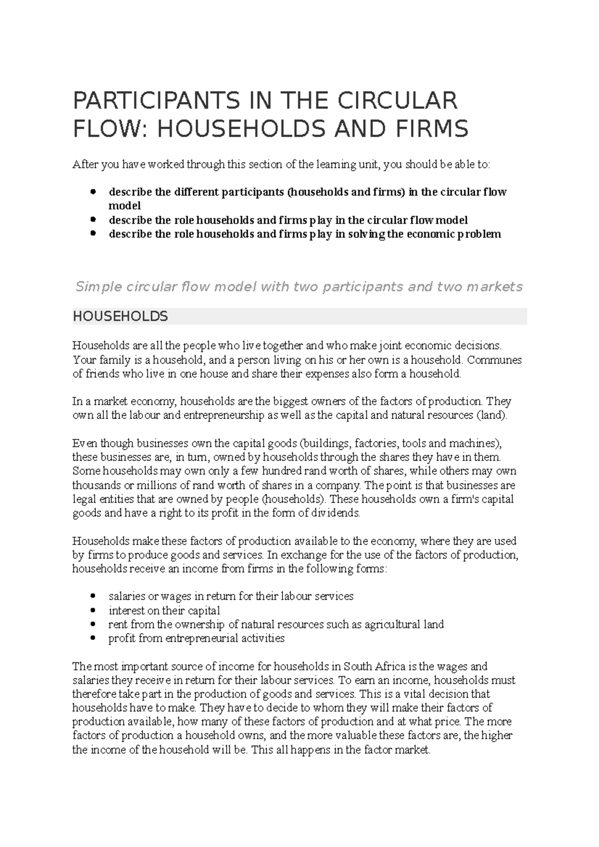 REAL Flows AND Nominal Flows - PARTICIPANTS IN THE CIRCULAR FLOW ...