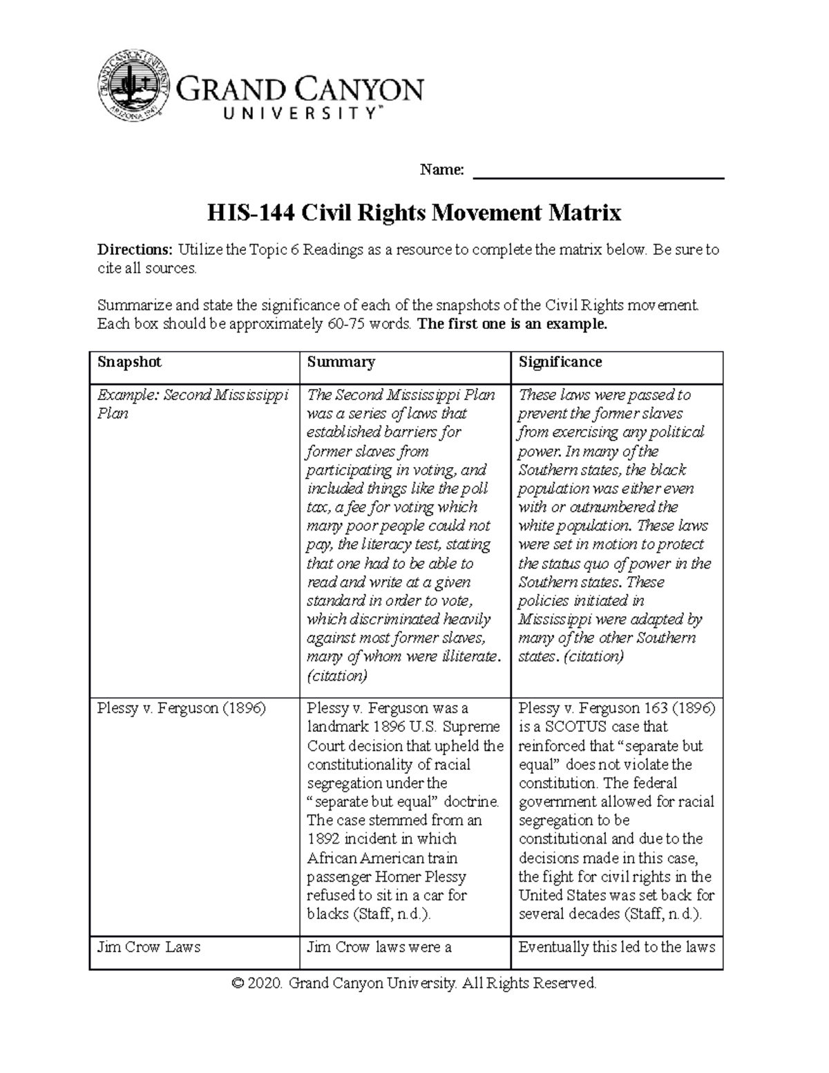 HIS-144-T6 Civil Rights Movement Matrix Online - Name: HIS-144 Civil ...