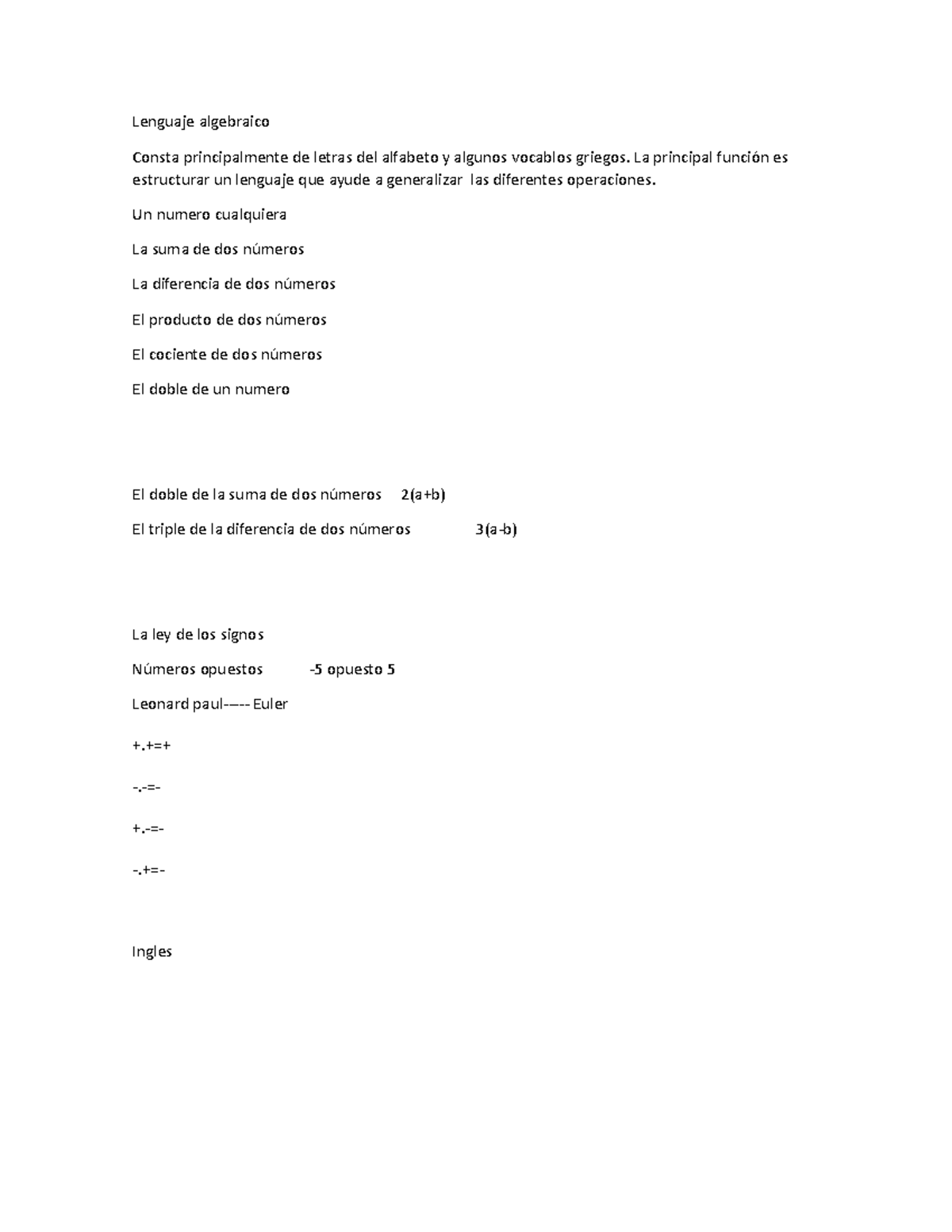 Lenguaje algebraico - ALGEBRA - Lenguaje algebraico Consta ...