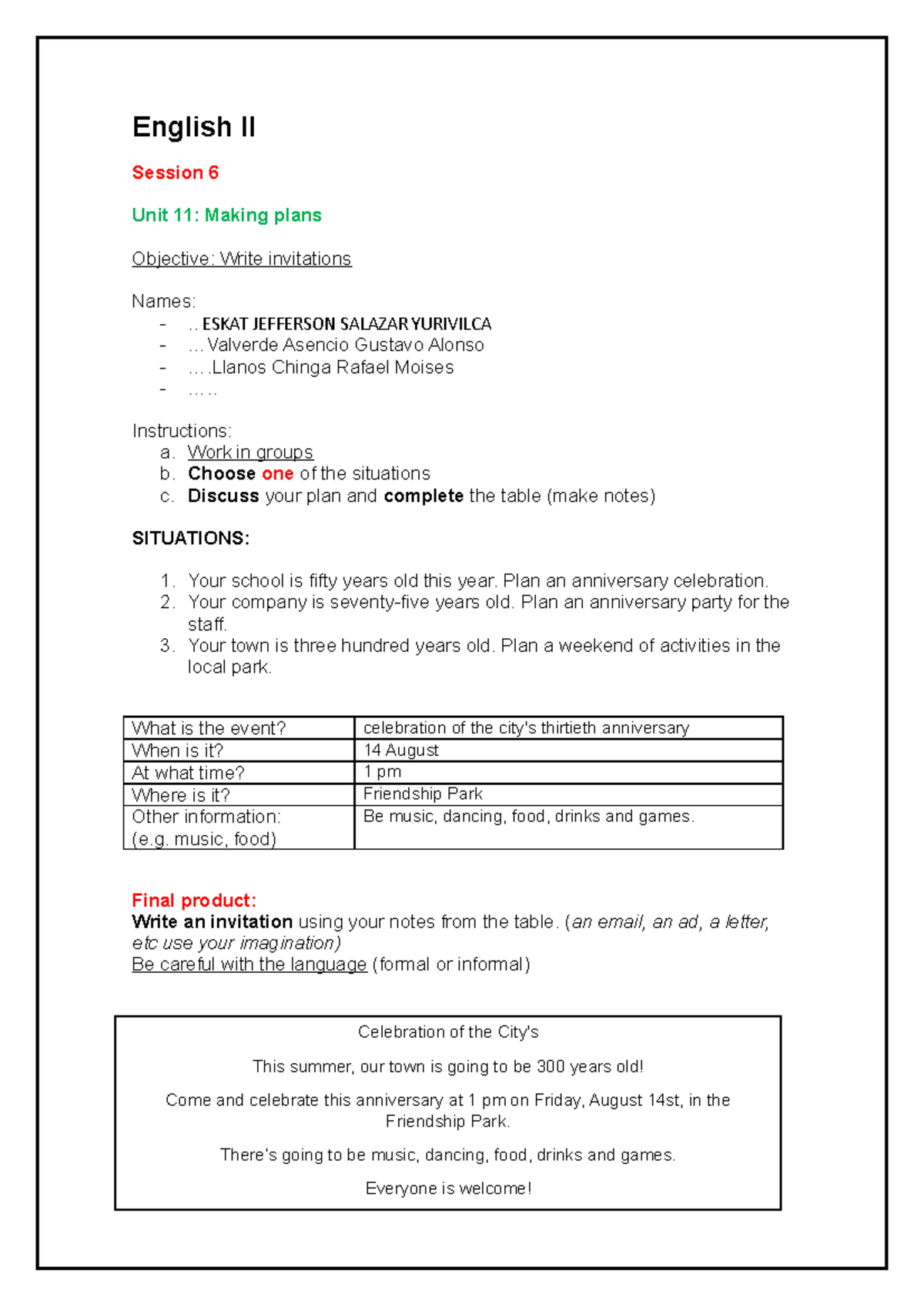 English II realizado - session 6 - English II Session 6 Unit 11: Making ...