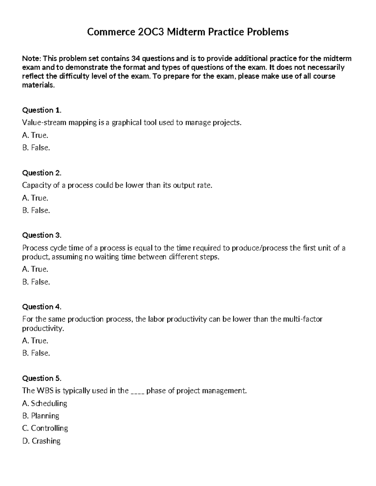 Midterm Practice Problems - Commerce 2OC3 Midterm Practice Problems Note: This problem set ...
