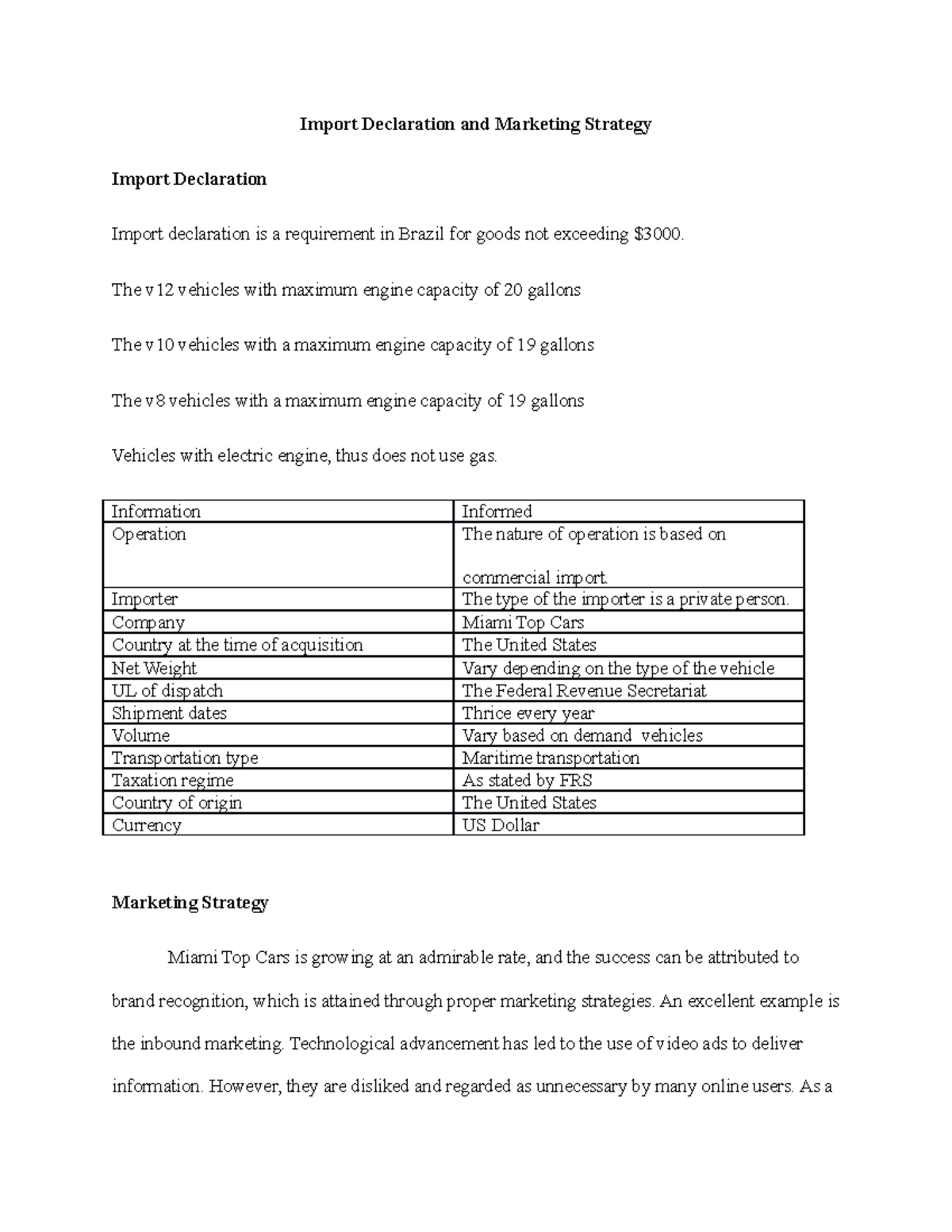 Import Declaration and Marketing Strategy - The v12 vehicles with ...