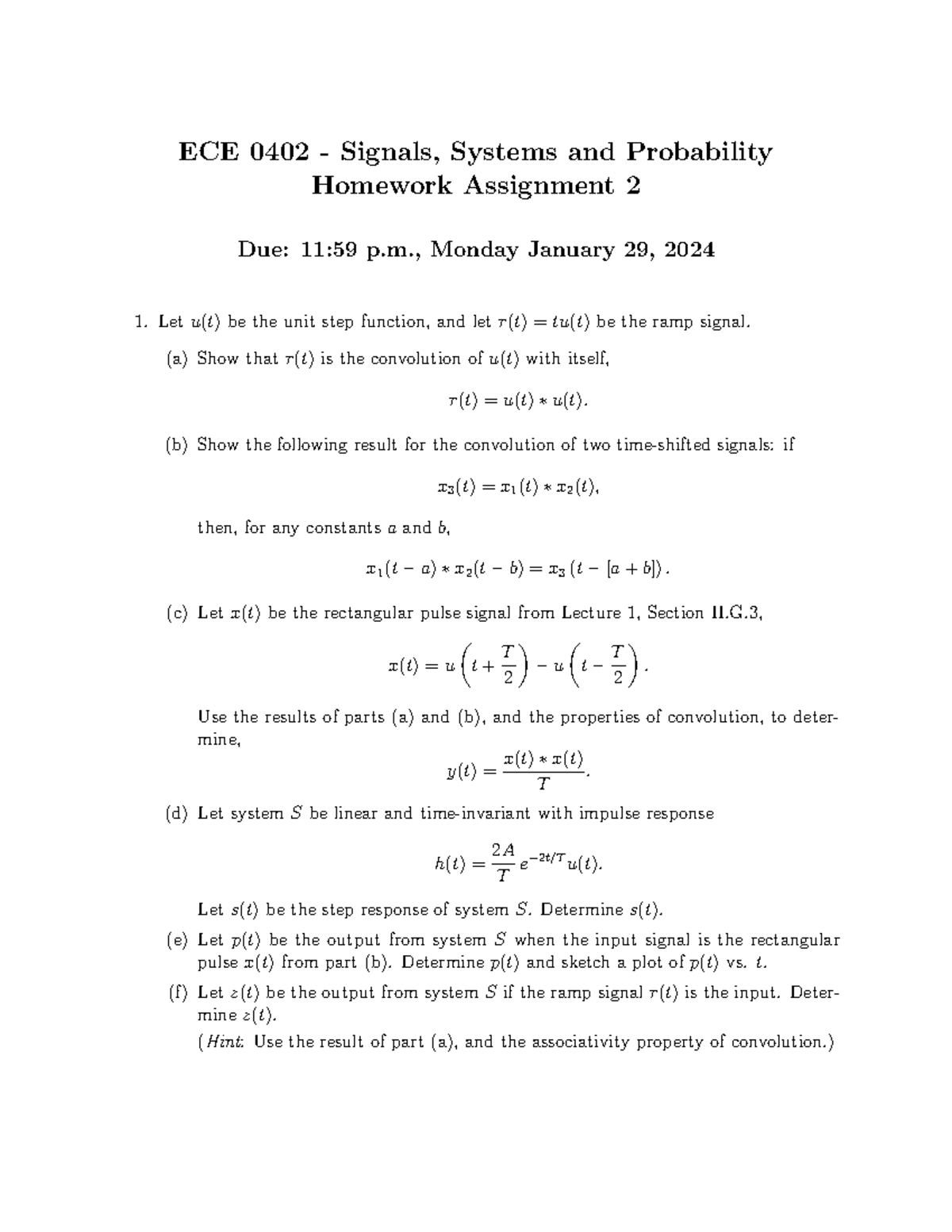 ECE 0402 - Homework 2 - ECE 0402 - Signals, Systems and Probability Homework Assignment 2 Due ...