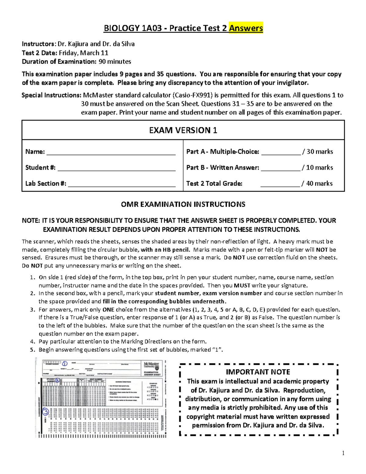 Biology 1A03 Practice Test 2 Answers - Bio 1A03 - McMaster - Studocu