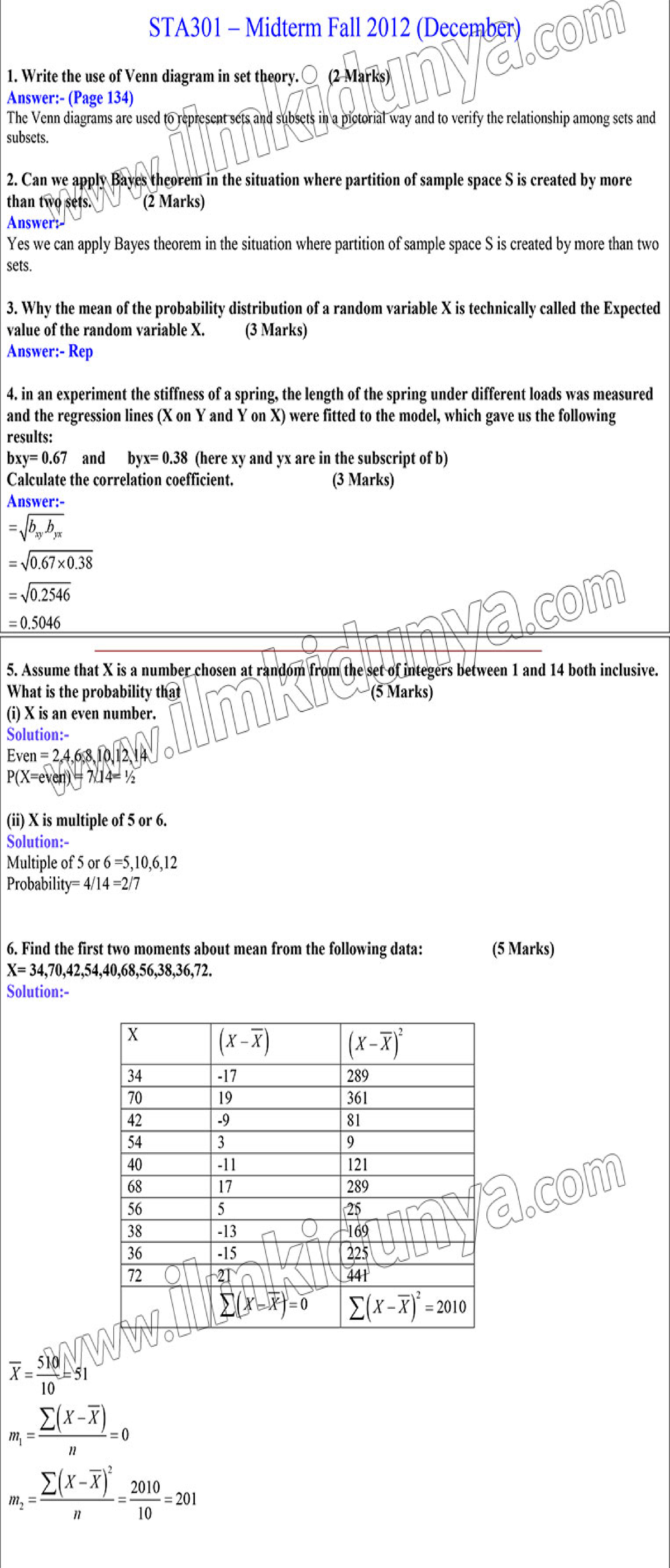 STA301 Midterm 2012 Subjective Group IV - Statistics and Probability - Studocu