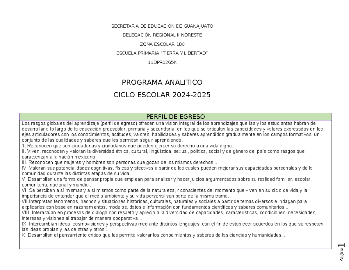 Programa Analitico Tierra Y Libertad 2024-2025 - 1 SECRETARIA DE ...