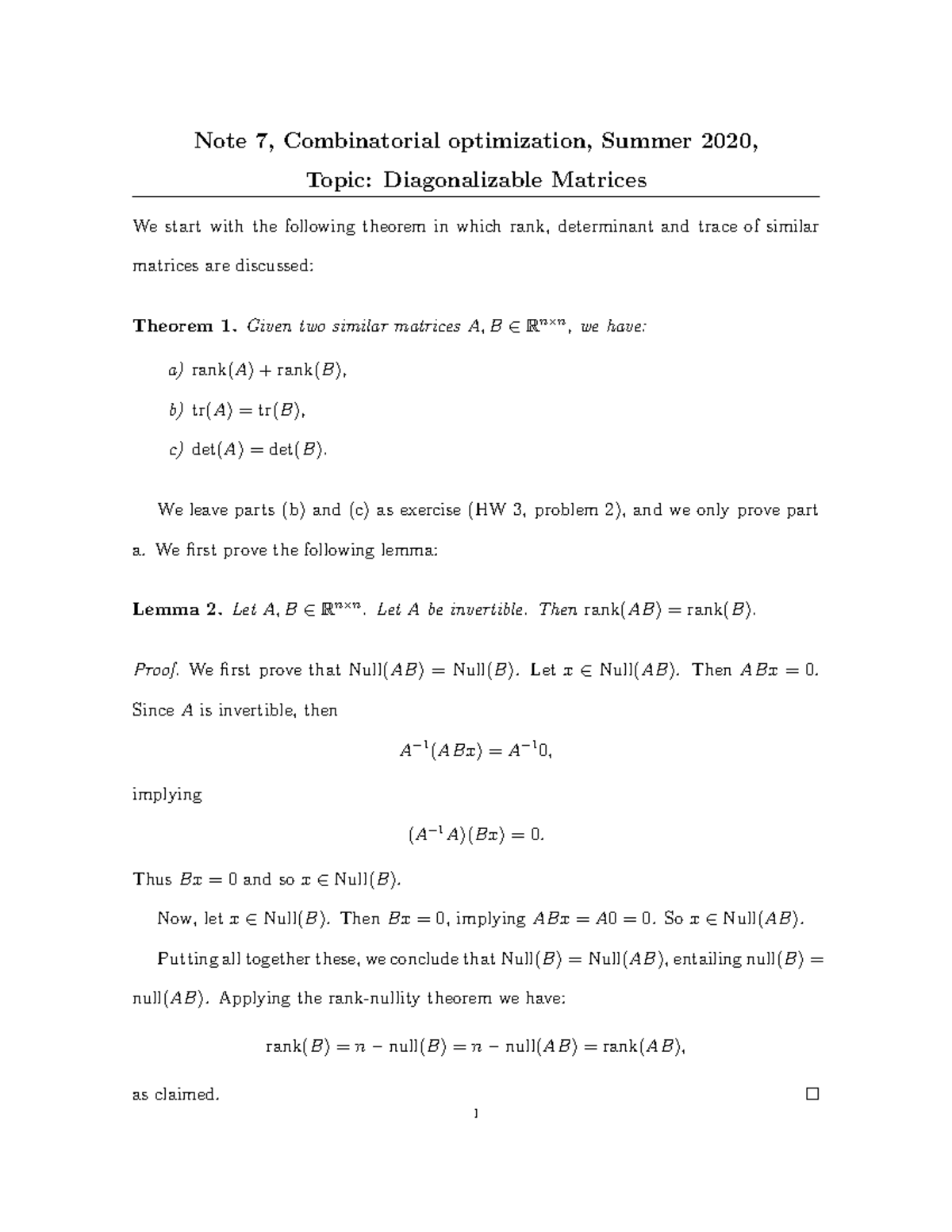 Note12 - Diagonalizable Matrices - Note 7, Combinatorial optimization, Summer 2020, Topic: - Studocu