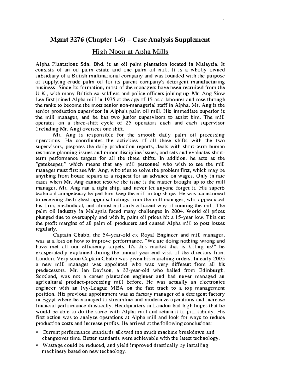High Noon at Alpha Mills 1 - Mgmt 3276 (Chapter 1 - 6) – Case Analysis ...