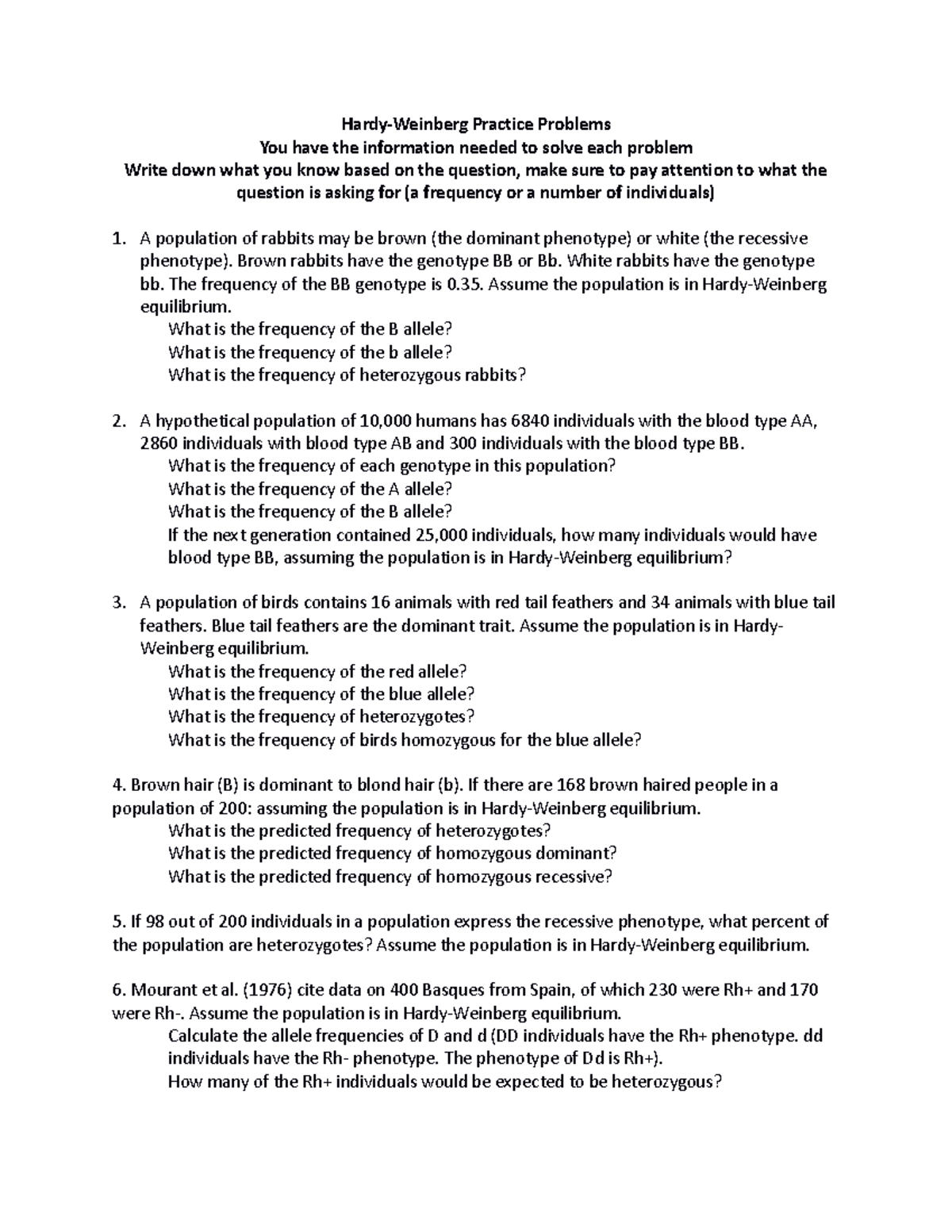 H-W Problem Set - BI107 - hw q - Hardy-Weinberg Practice Problems You ...