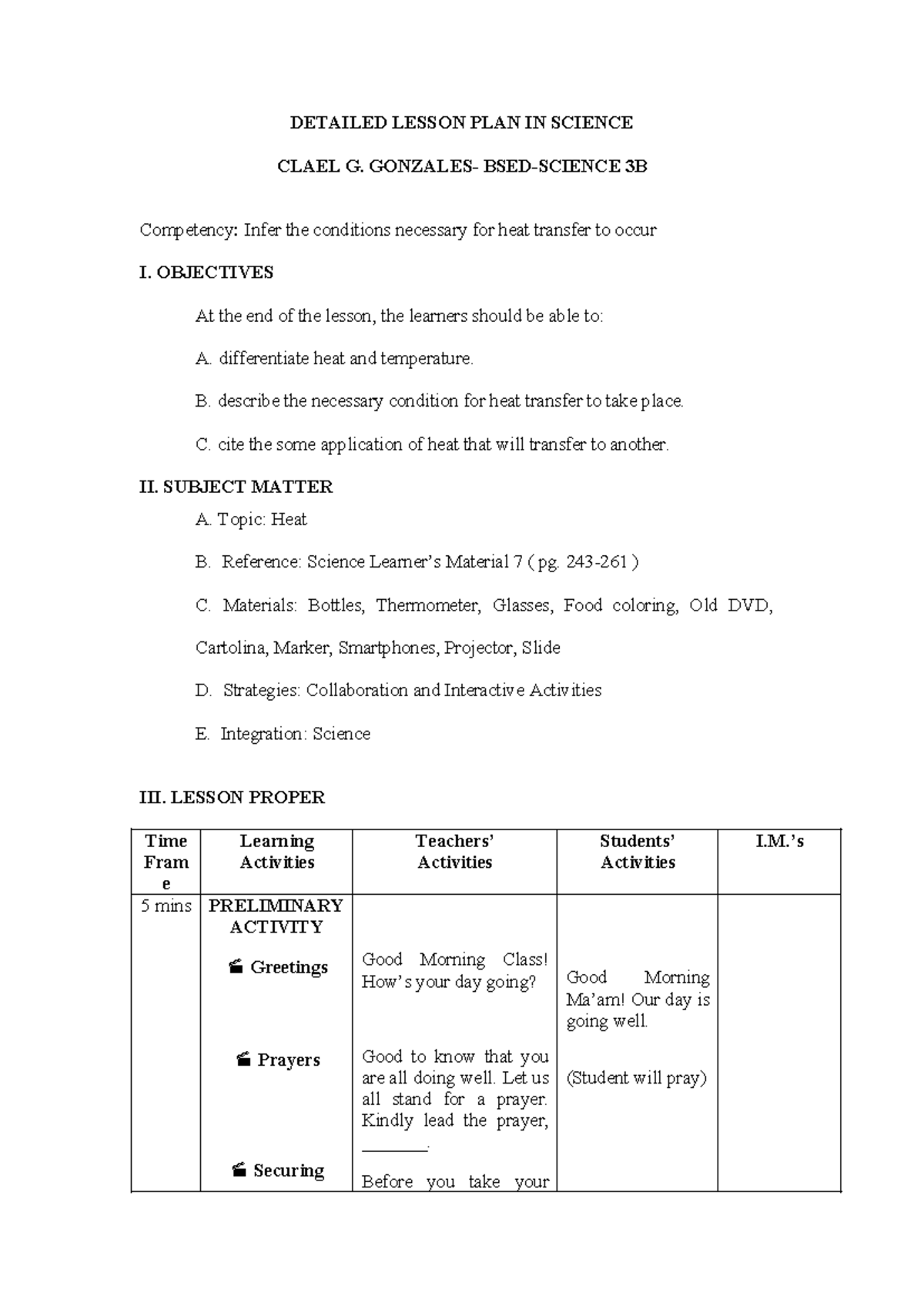 7'ES TECH Integration - N/A - DETAILED LESSON PLAN IN SCIENCE CLAEL G. GONZALES- BSED-SCIENCE 3B ...