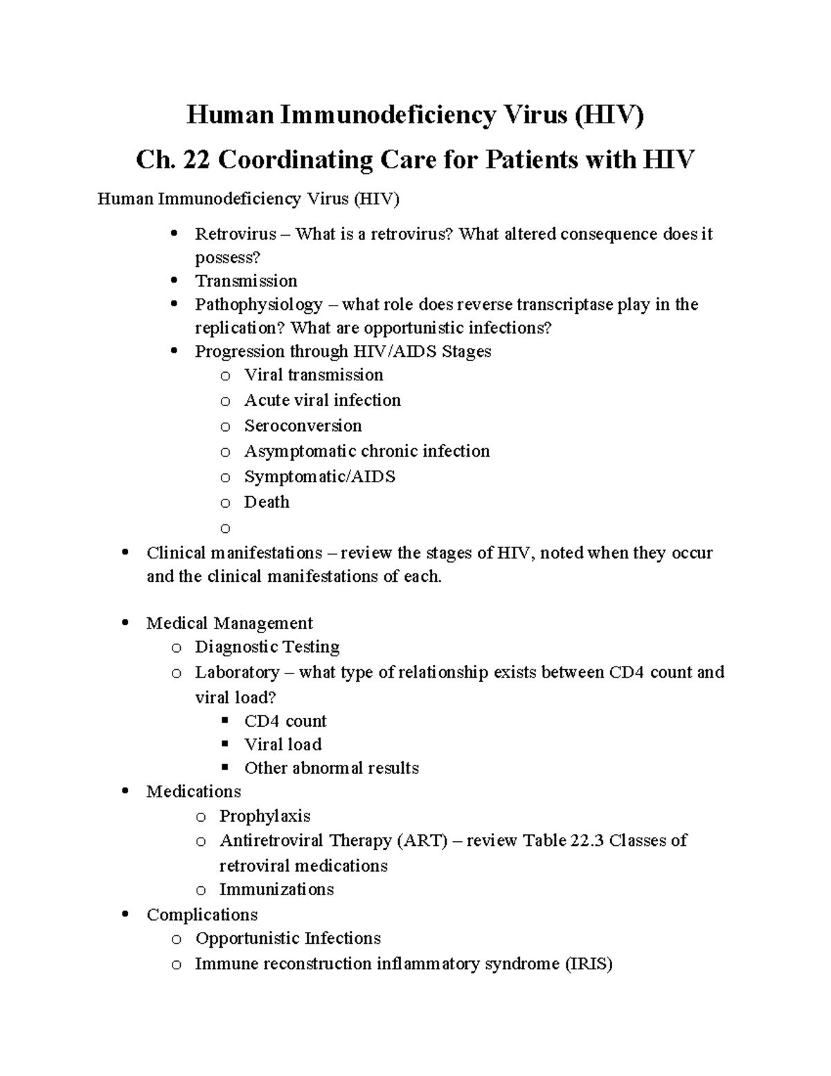 Adult Health 1 HIV outline Fall 2023 - Human Immunodeficiency Virus ...