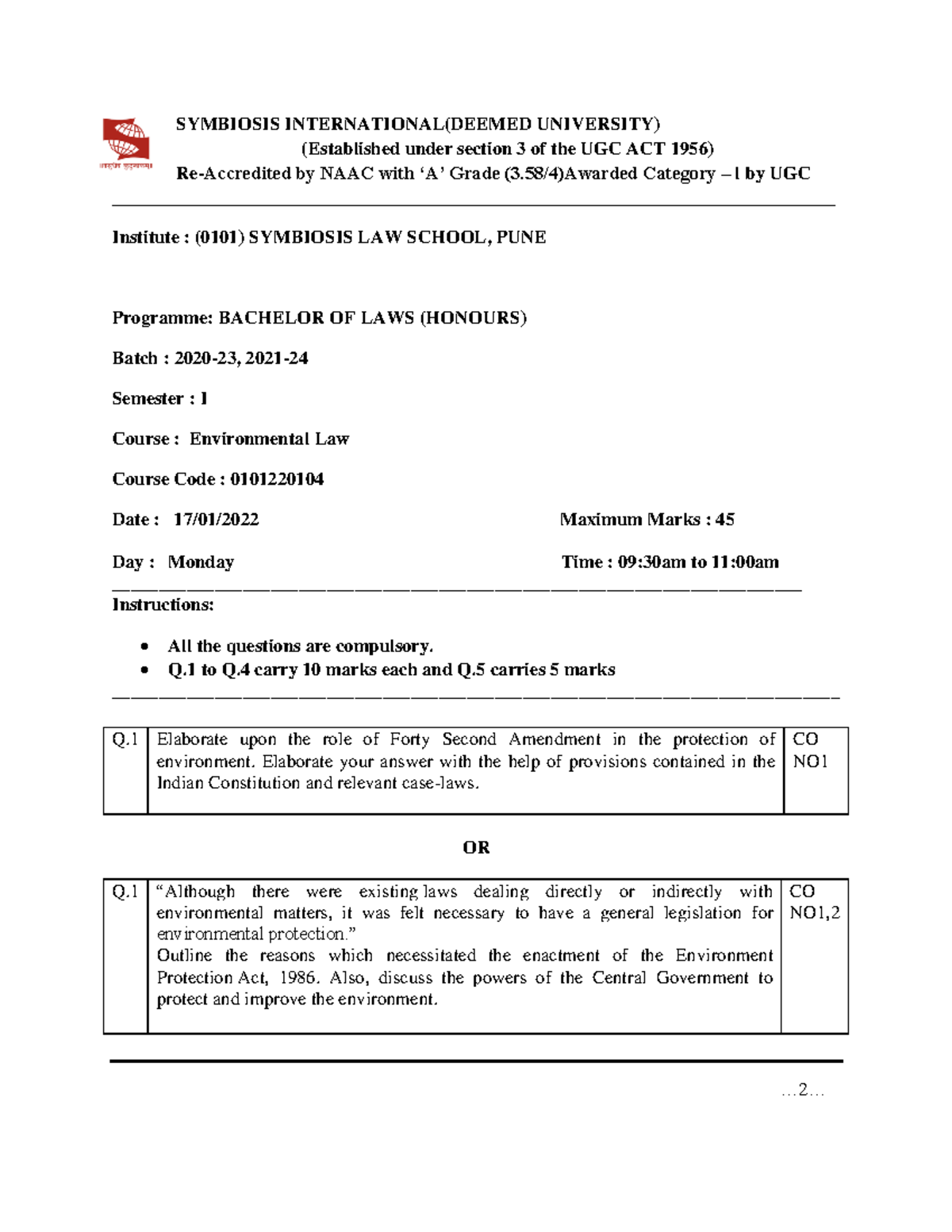 17.01.2022 Environmental Law LLB SEM I 2020-23, 2021-24 - SYMBIOSIS ...