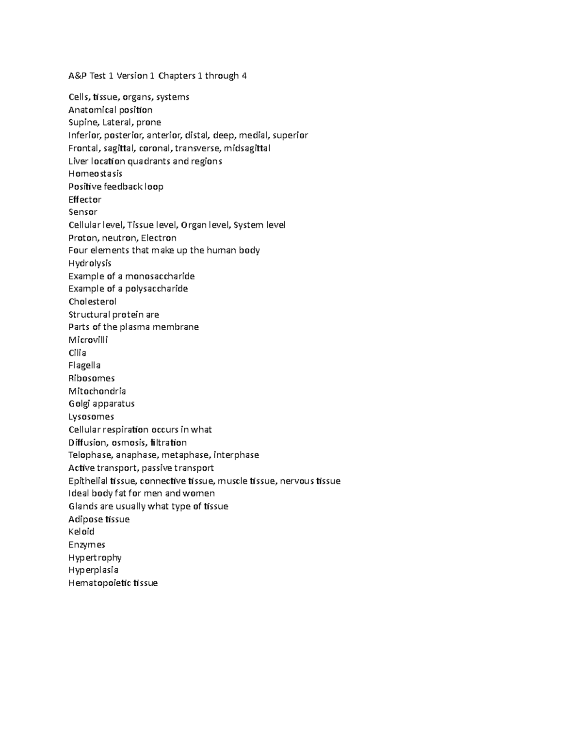 A&P TEST 1 Version 1 Study Guide Chapters 1-4 - VOCN300 - ACC - Studocu