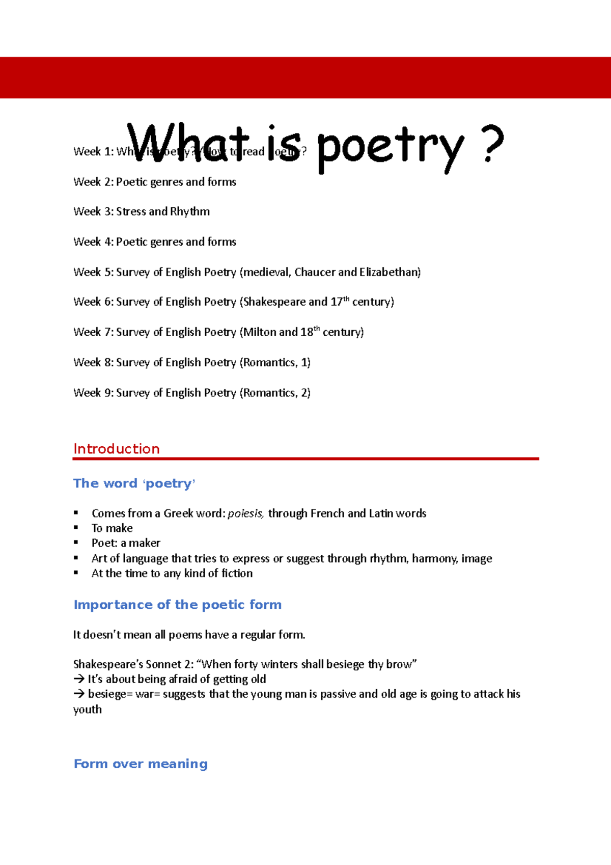 Poetry. introduction - Week 1: What is poetry? /How to read poetry ...