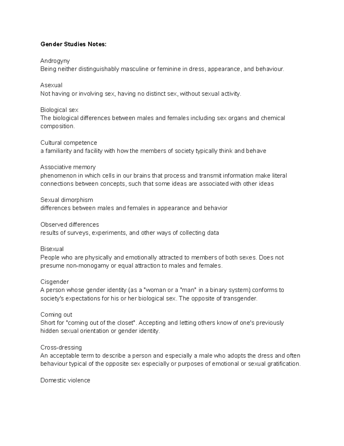 Gender Studies Notes - Gender Studies Notes: Androgyny Being neither ...