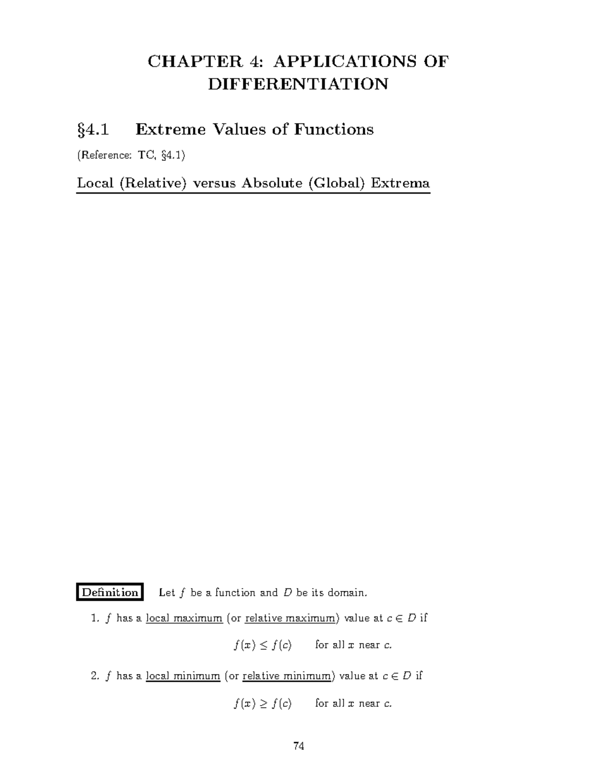 MA1102R 09chap4pt1 - Calculus - CHAPTER 4: APPLICATIONS OF DIFFERENTIATION §4 Extreme Values of ...