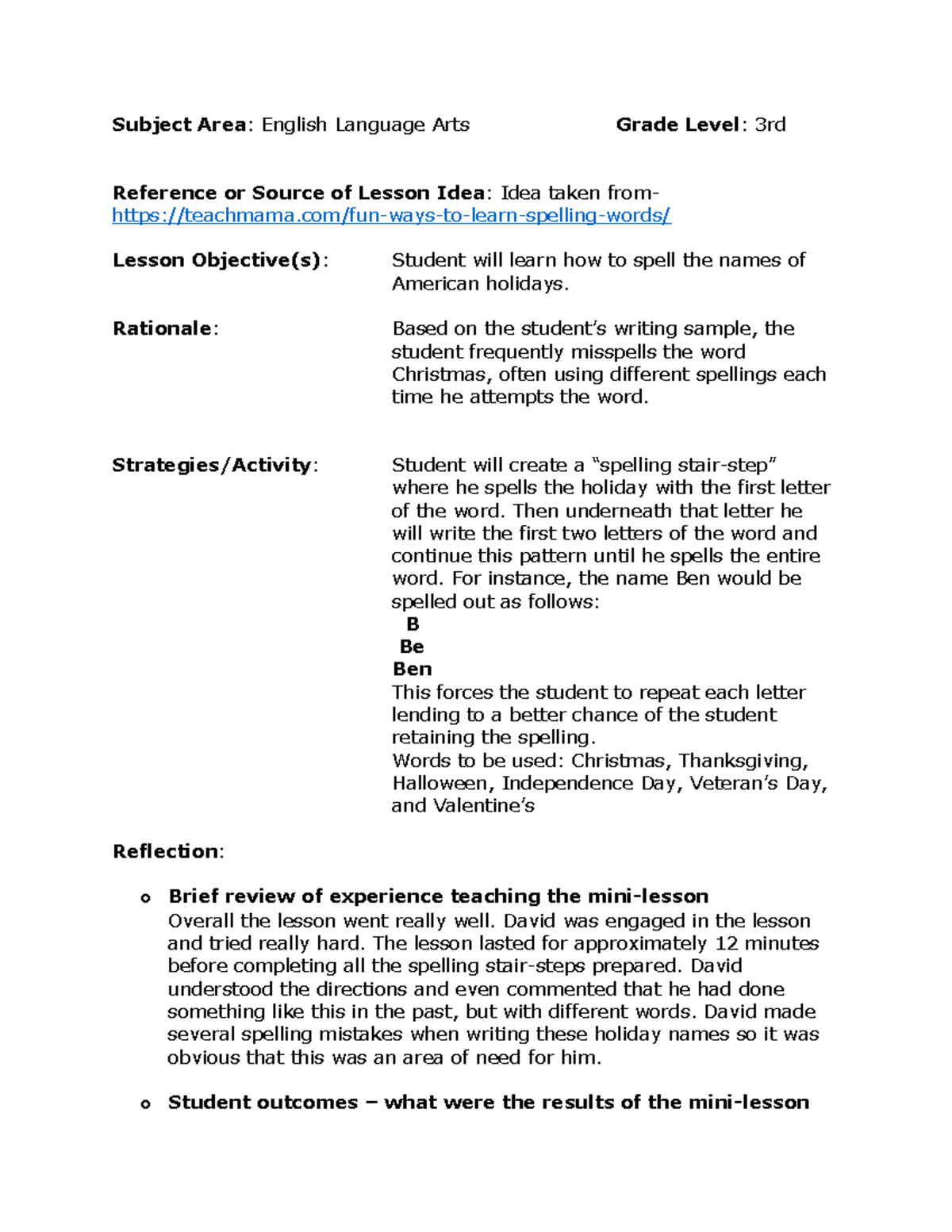 Mini Lesson 2 - Subject Area: English Language Arts Grade Level: 3rd ...
