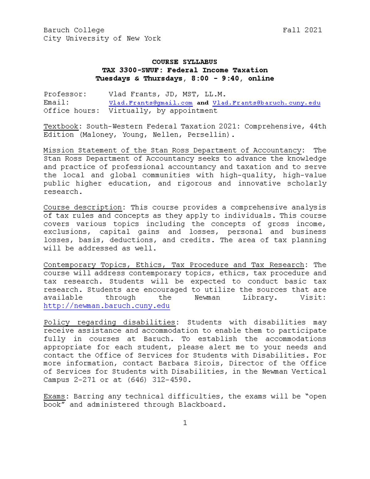 TAX 3300 Syllabus (Tues Thurs 8-9.40 fall 2021 Prof. Frants) - Baruch ...