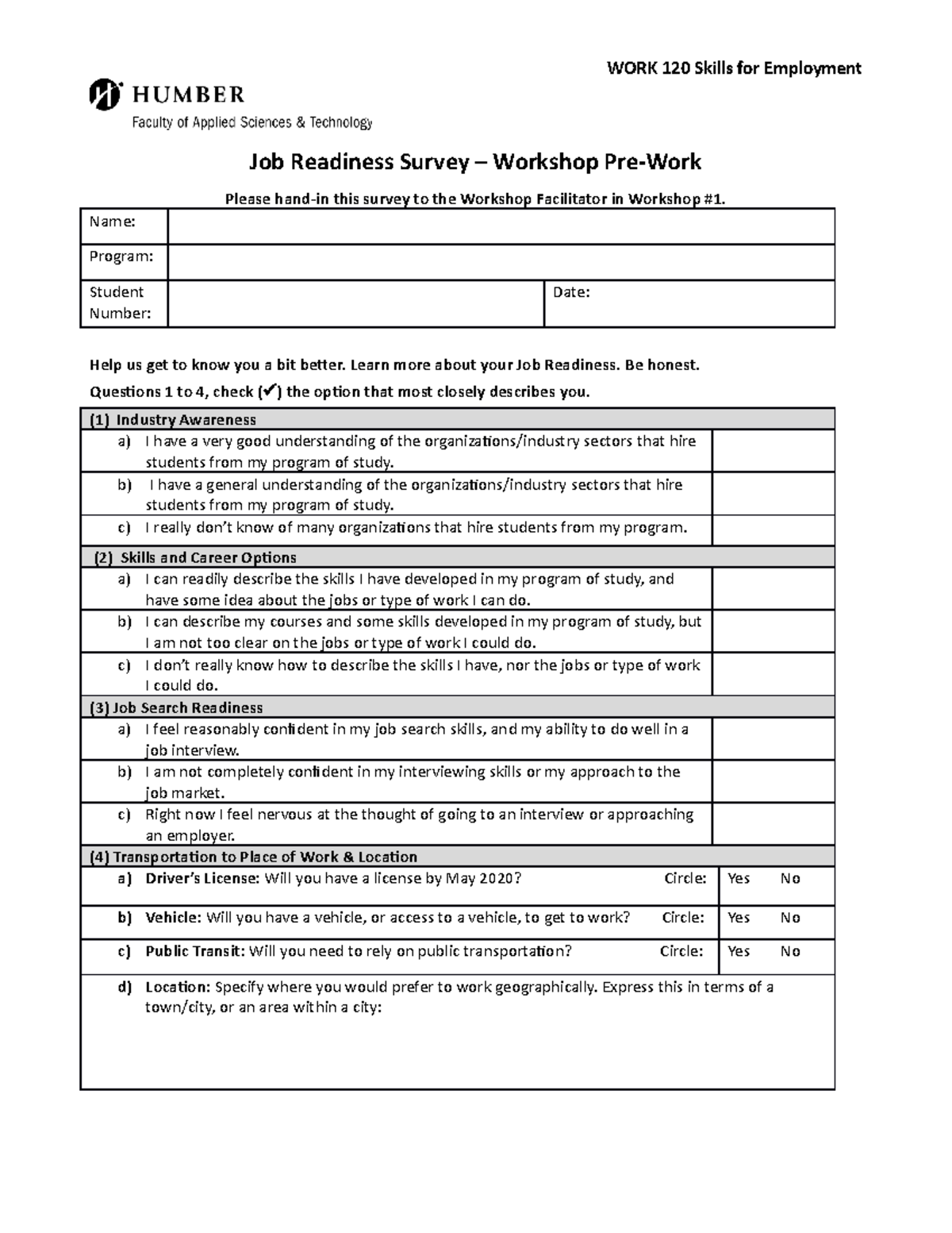Pre Work - Job Readiness Survey - WORK 120 Skills for Employment Job ...