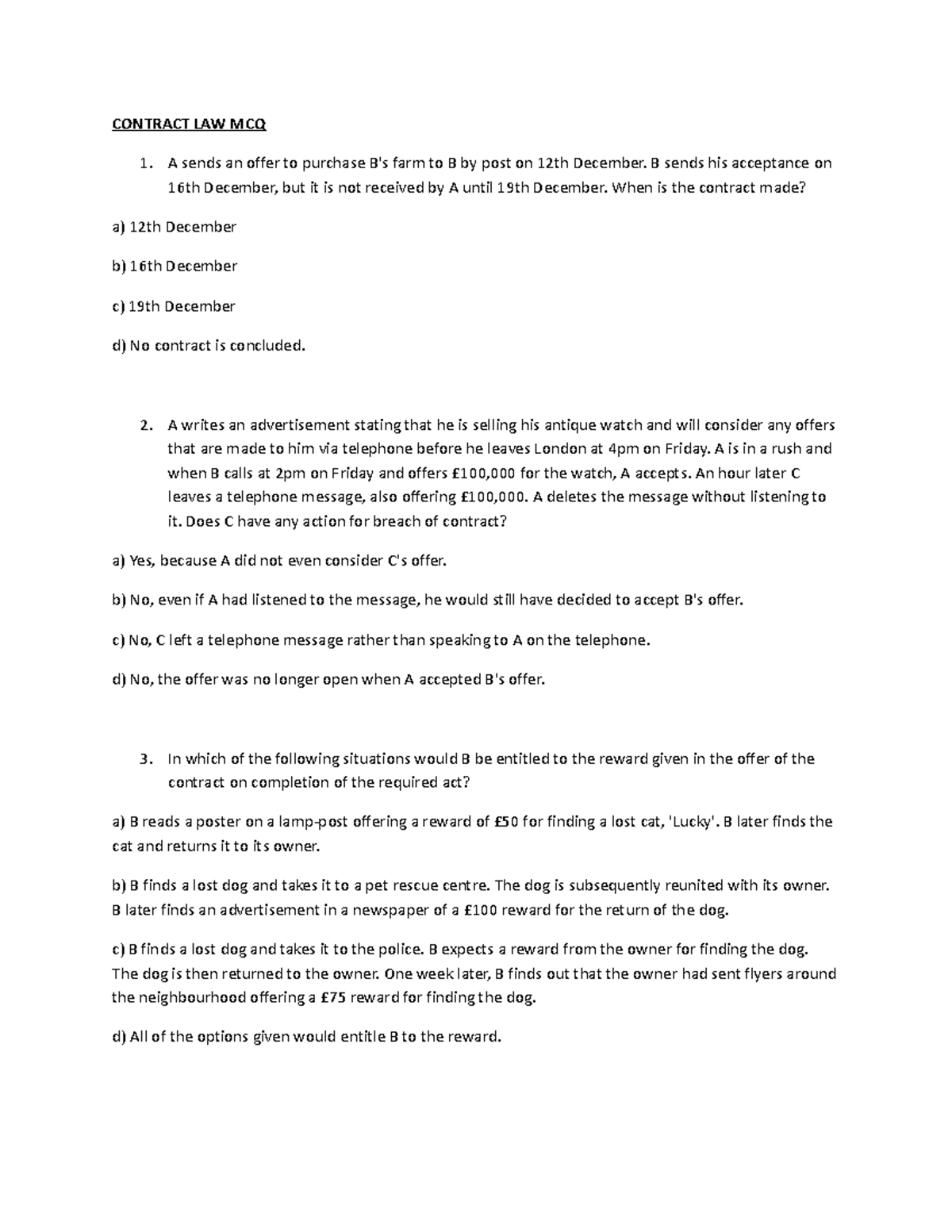 Contract LAW MCQ - MCQ - CONTRACT LAW MCQ A sends an offer to purchase ...