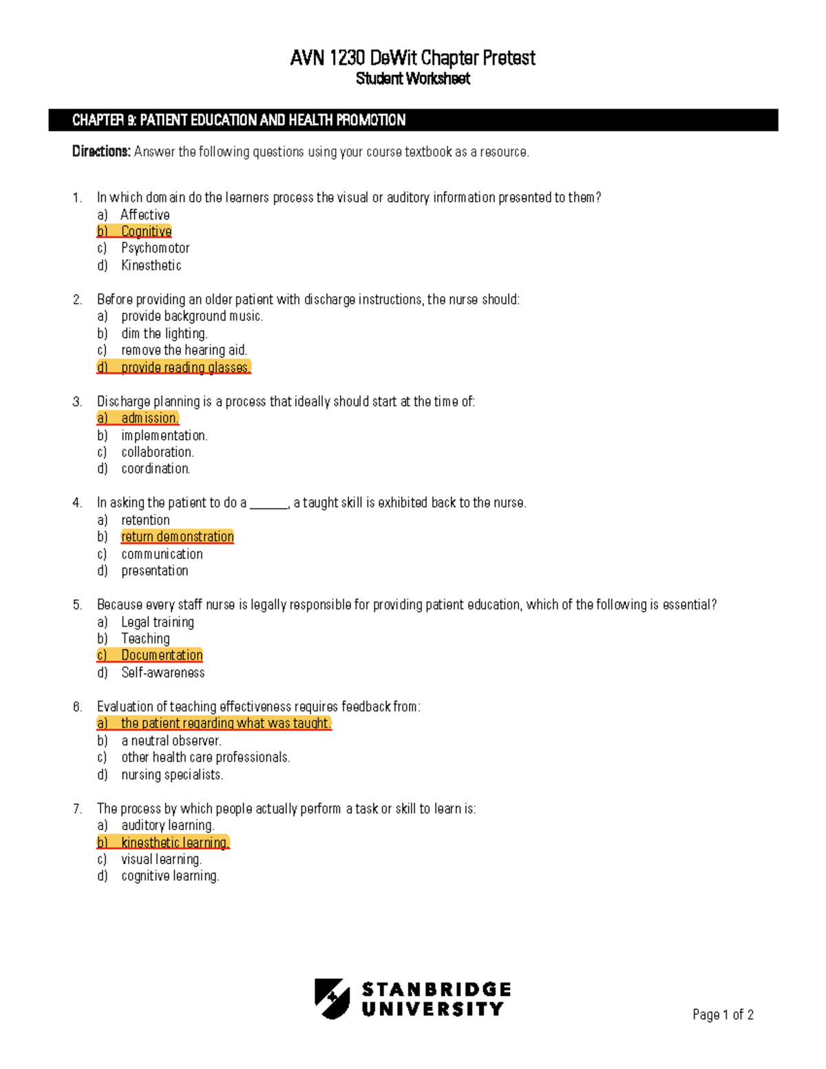 AVN 1230 DW Fund. Ch 9 Pretest [2022] - Page 1 of 2 CHAPTER 9 : PATIENT ...