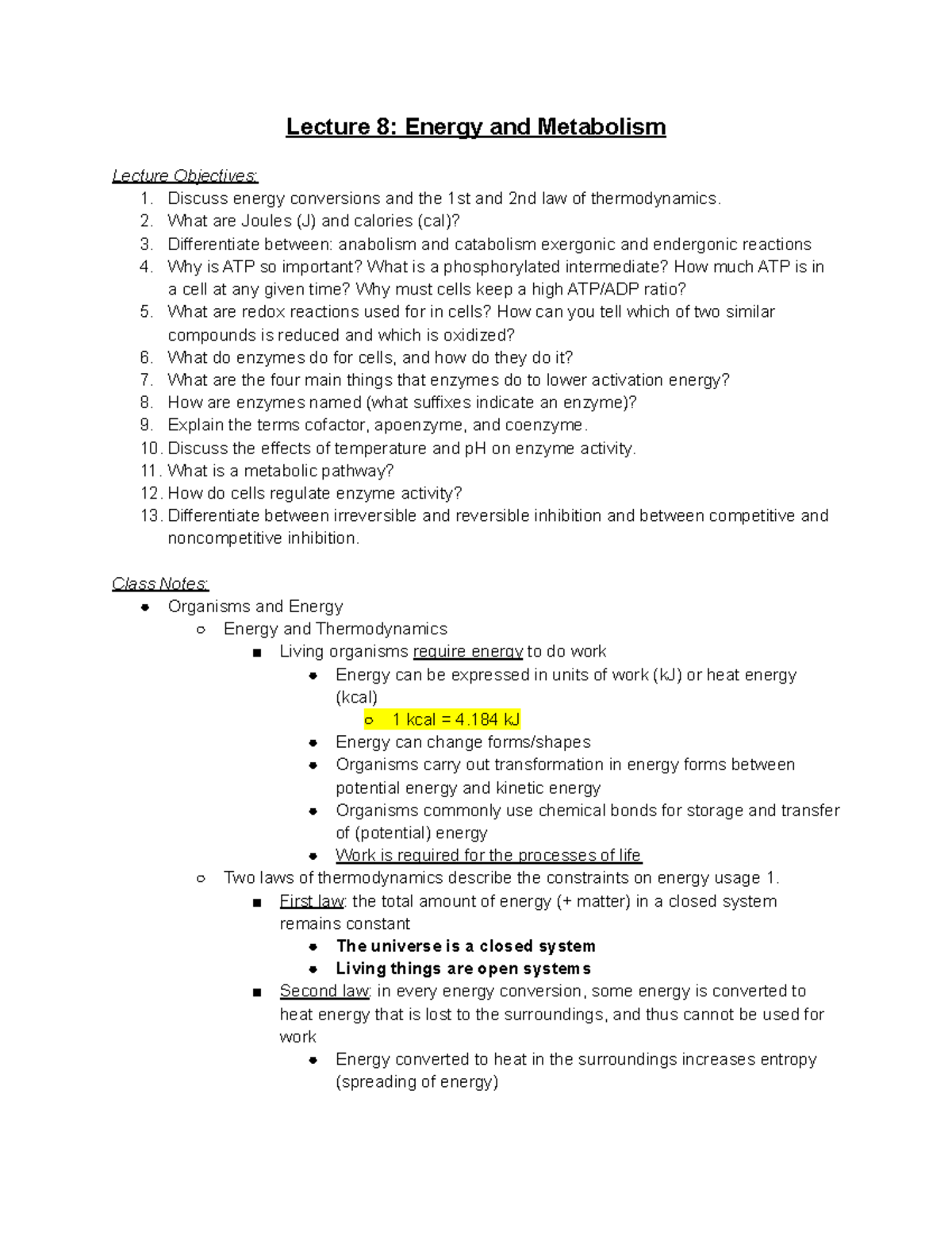 Energy and metabolism lecture - Lecture 8: Energy and Metabolism ...