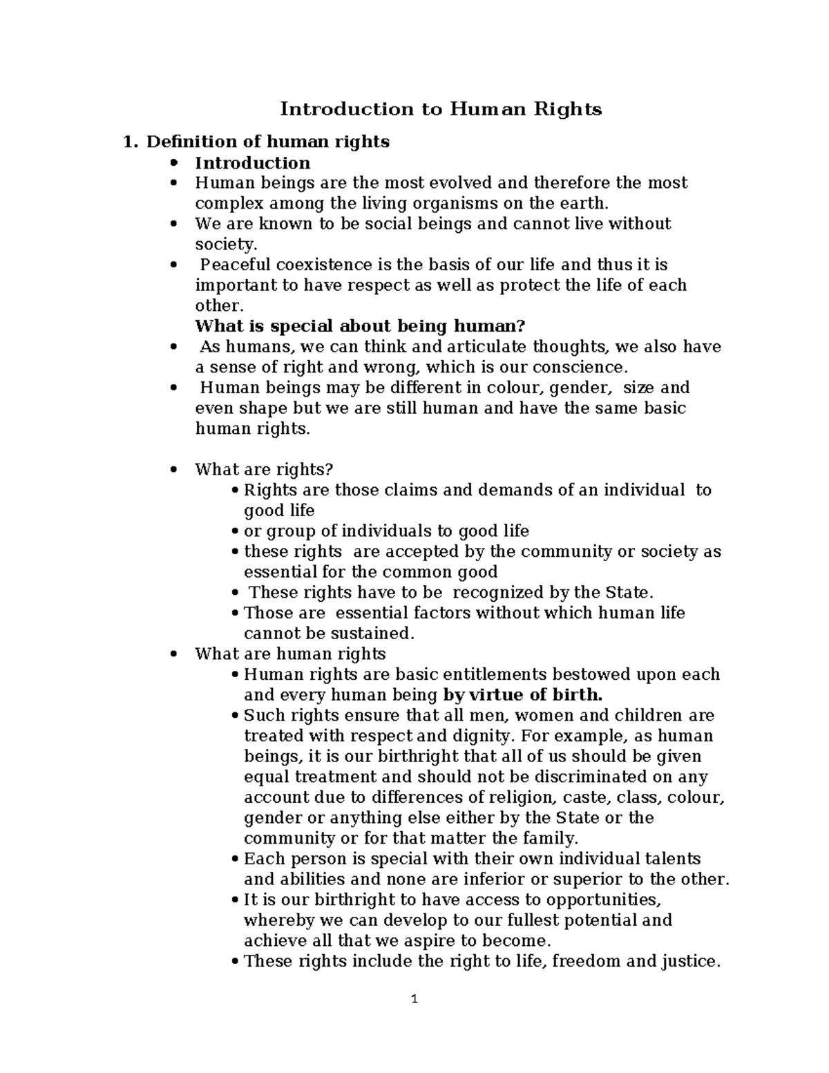 Human Rights Notes 2024 sent final - Introduction to Human Rights 1 ...