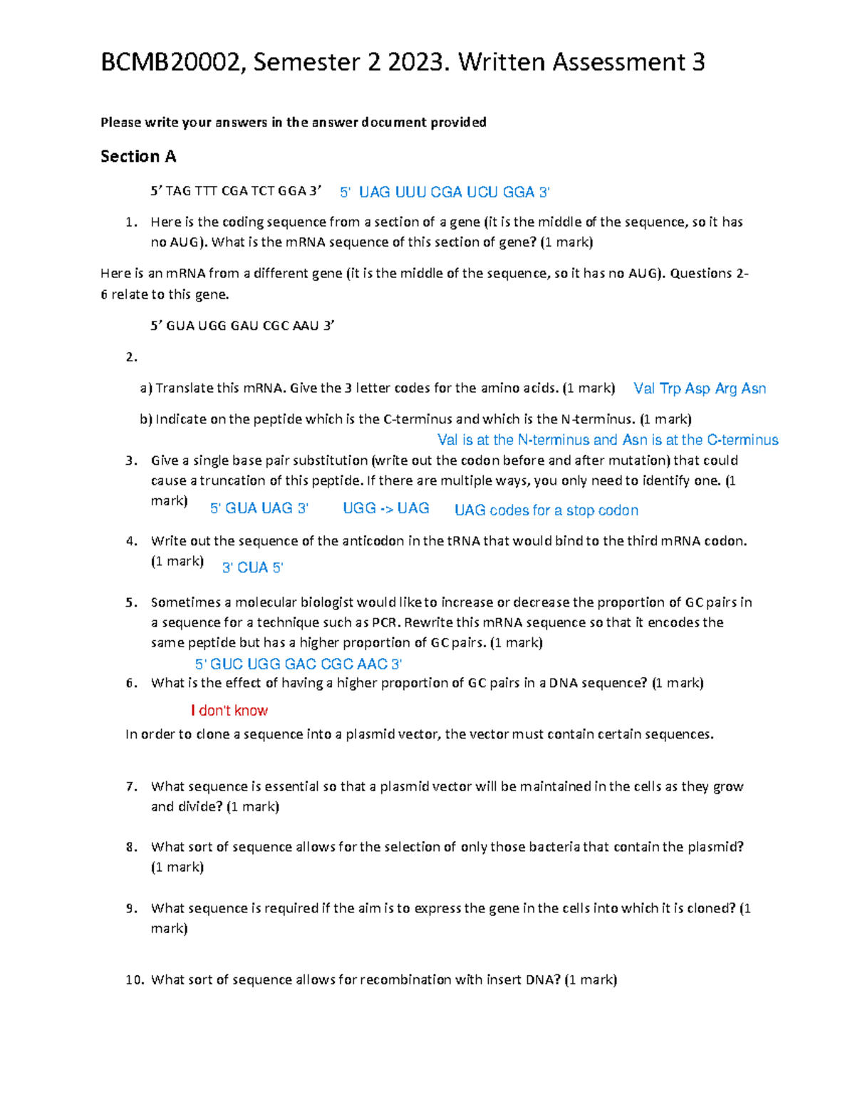 BCMB2000 2 Written Assignment 3 s2 2023 - Please write your answers in ...