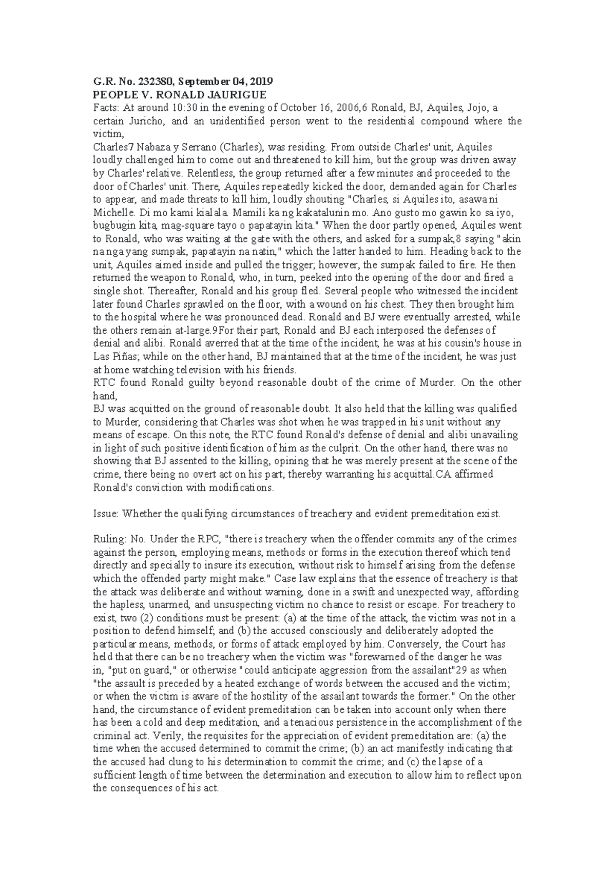 People v Jaurigue - G. No. 232380, September 04, 2019 PEOPLE V. RONALD ...