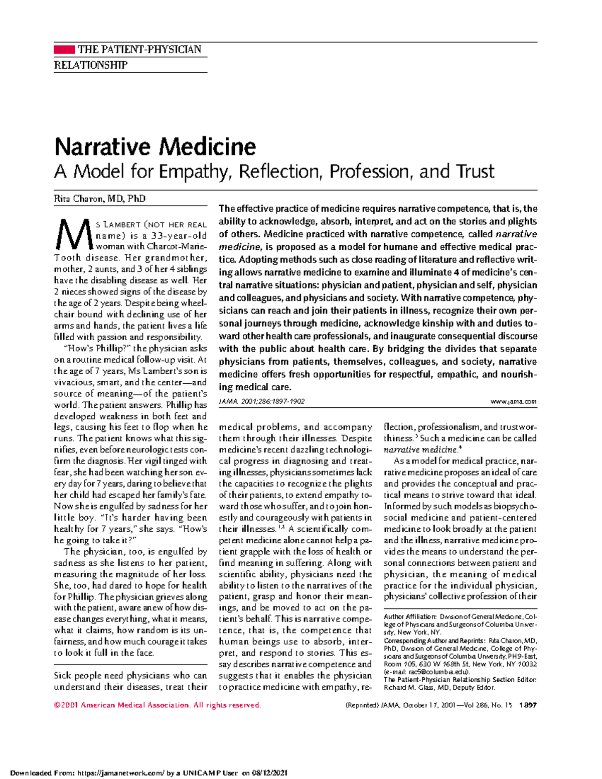 Narrative medicine jama - THE PATIENT-PHYSICIAN RELATIONSHIP Narrative ...