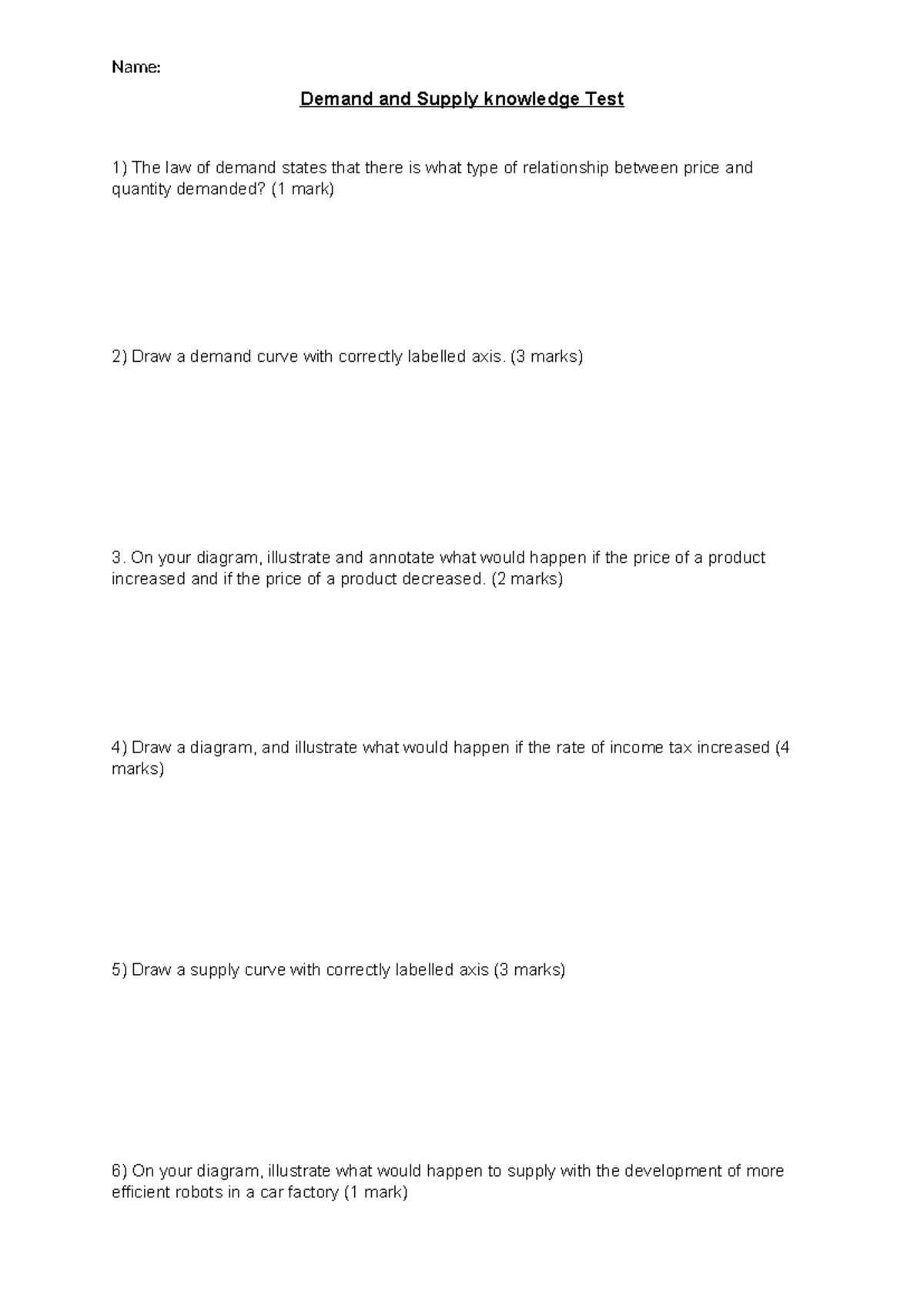 Demand and Supply knowledge Test - Name: Demand and Supply knowledge ...